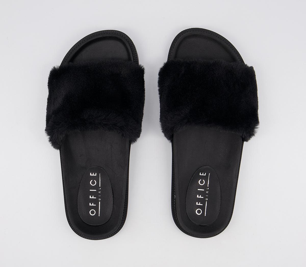 OFFICE Select Faux Fur Sliders Black Faux Fur - Women’s Sandals