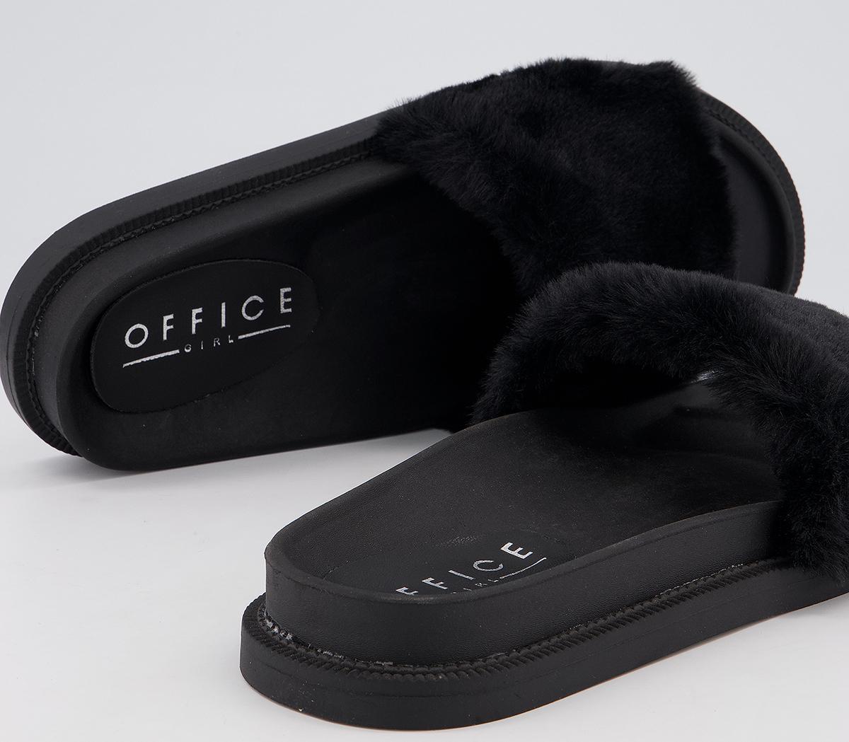 OFFICE Select Faux Fur Sliders Black Faux Fur - Women’s Sandals
