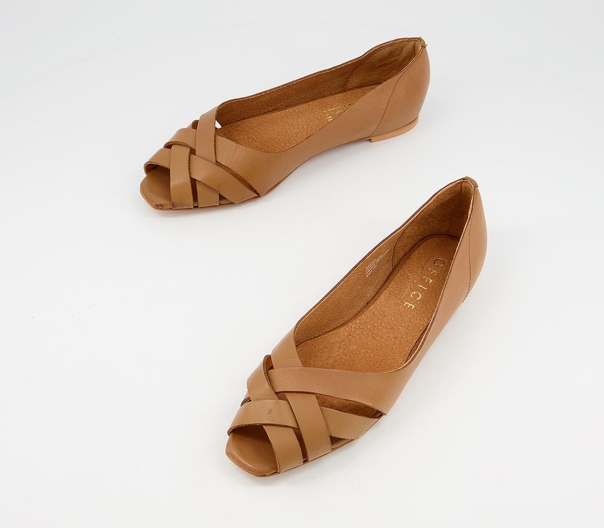 OFFICE Facing Feature Peep Toe Flats Tan Leather - Flat Shoes for Women