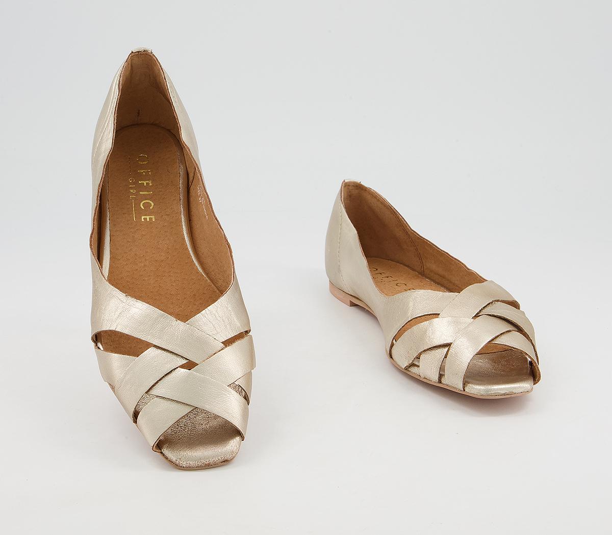 OFFICE Facing Feature Peep Toe Flats Soft Gold Leather - Flat Shoes for ...
