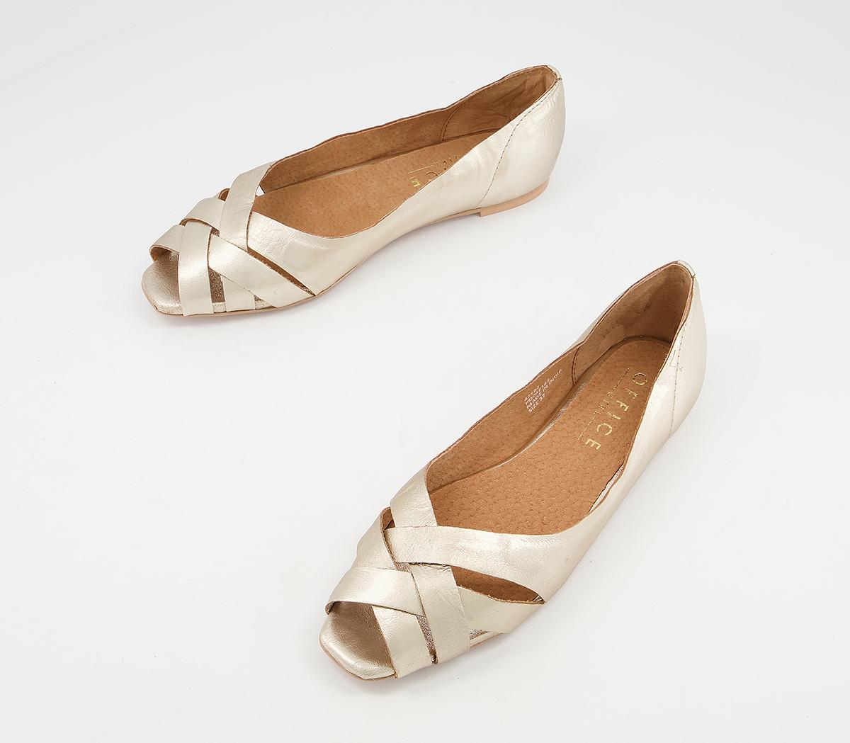 OFFICE Facing Feature Peep Toe Flats Soft Gold Leather - Flat Shoes for ...