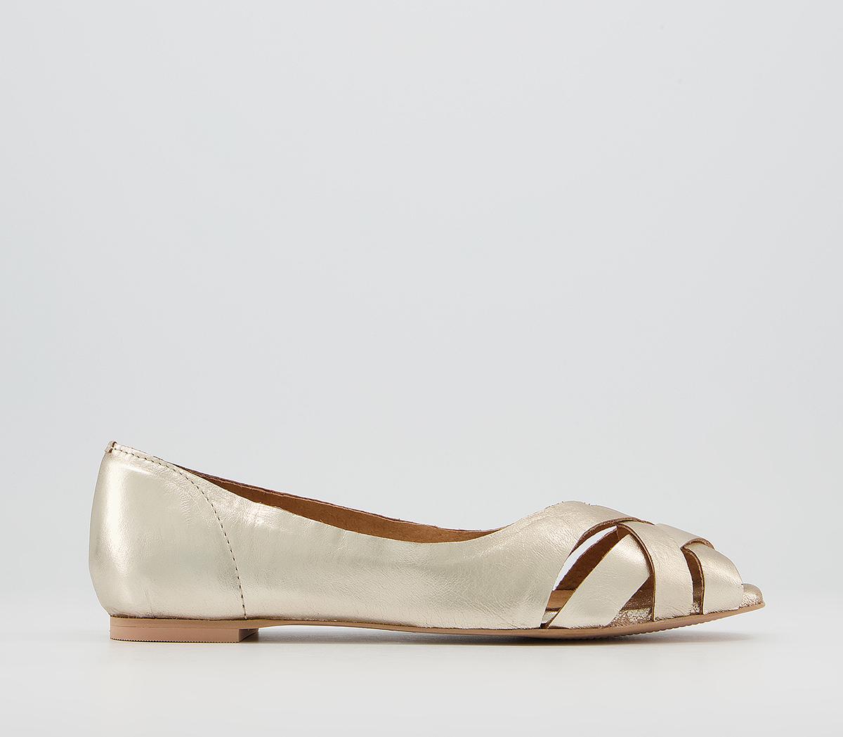 OFFICE Facing Feature Peep Toe Flats Soft Gold Leather - Flat Shoes for ...