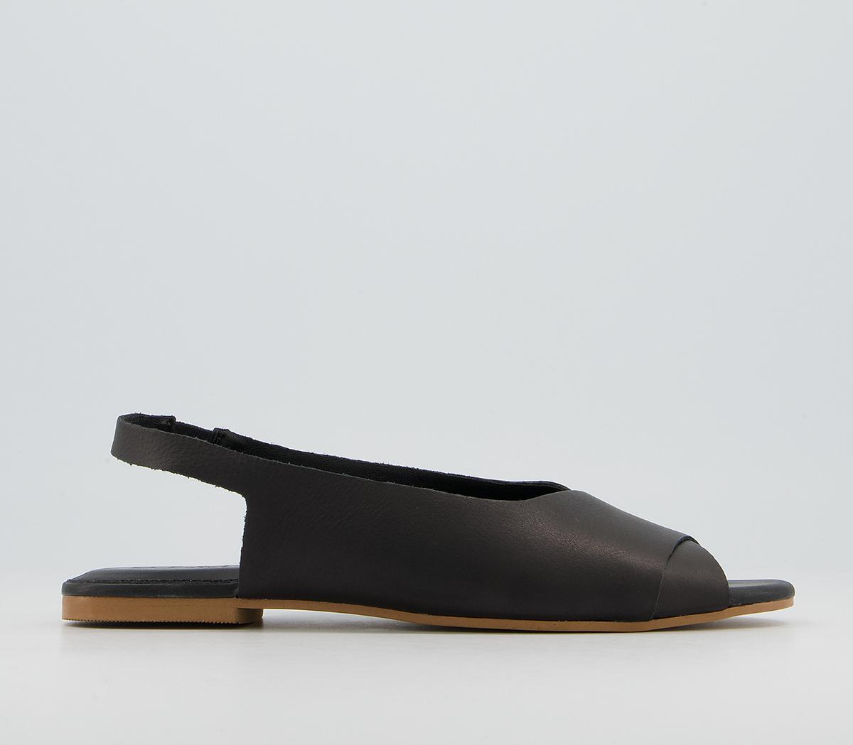 OFFICE Factor Sling Back Peep Toe Flats Black Leather - Flat Shoes for ...