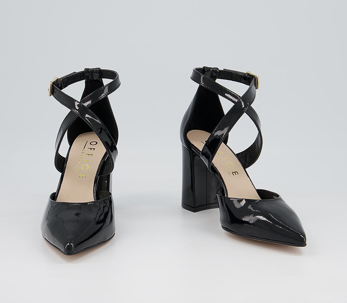 OFFICE Marne Cross Over Pointed Court Block Heels Black Patent Leather ...