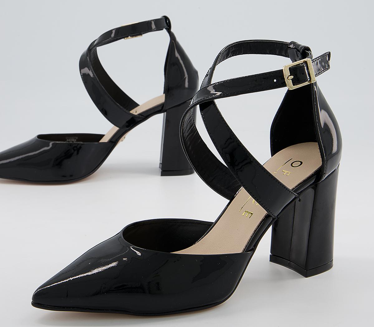OFFICE Marne Cross Over Pointed Court Block Heels Black Patent Leather ...