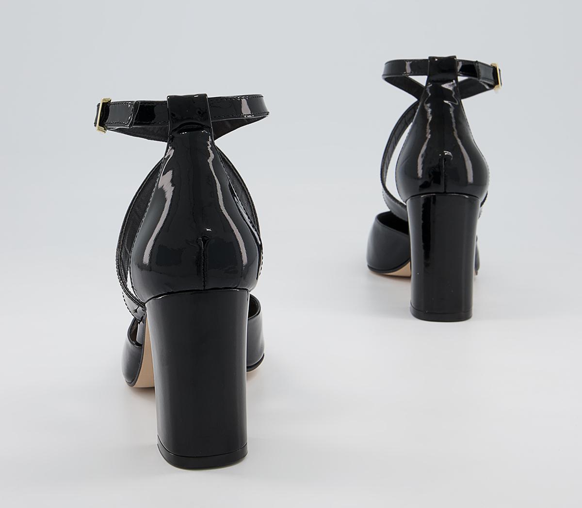 OFFICE Marne Cross Over Pointed Court Block Heels Black Patent Leather ...