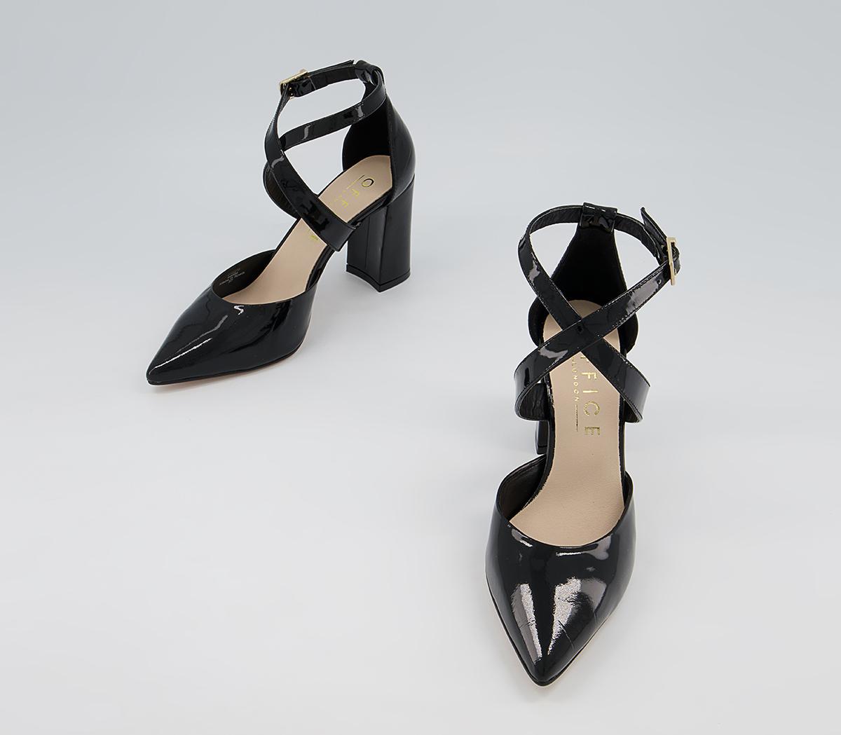 OFFICE Marne Cross Over Pointed Court Block Heels Black Patent Leather ...