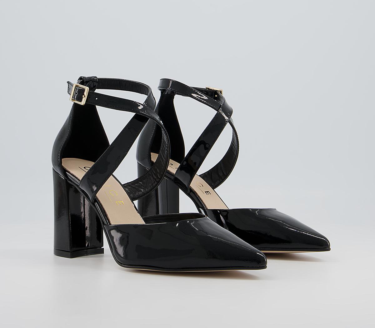 OFFICE Marne Cross Over Pointed Court Block Heels Black Patent Leather ...