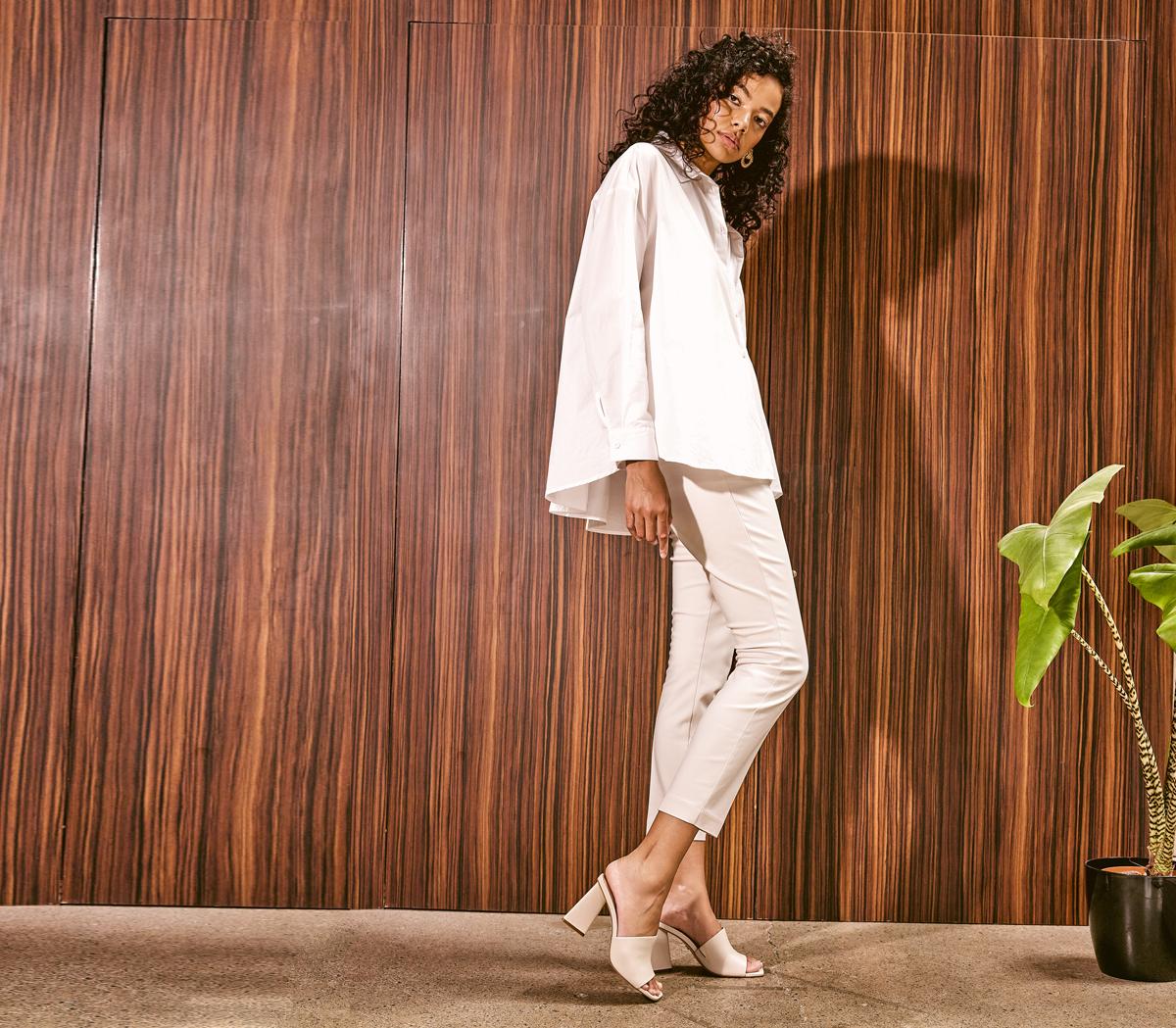 OFFICE Mila Triangle Block Heel Mules Cream Leather - Heels