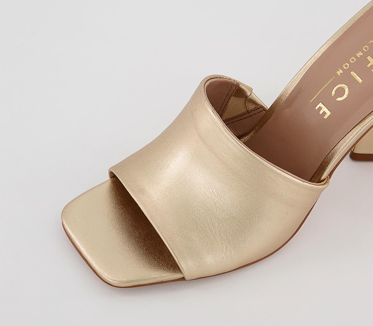 OFFICE Mila Triangle Block Heel Mules Gold Leather - Heels