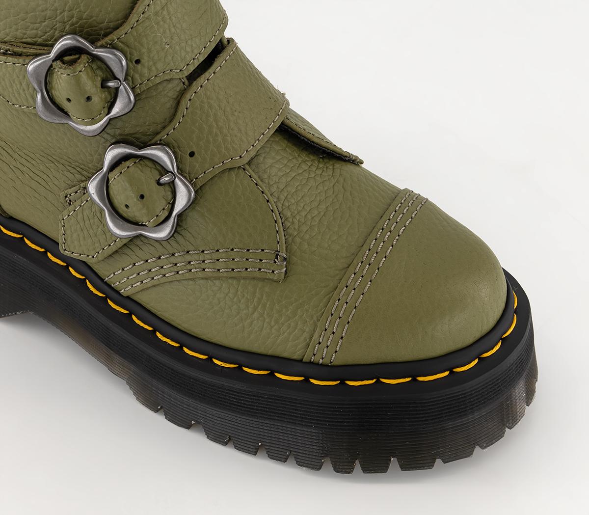 Dr. Martens Devon Flower Boots Milled Green Nappa - Women's Ankle Boots