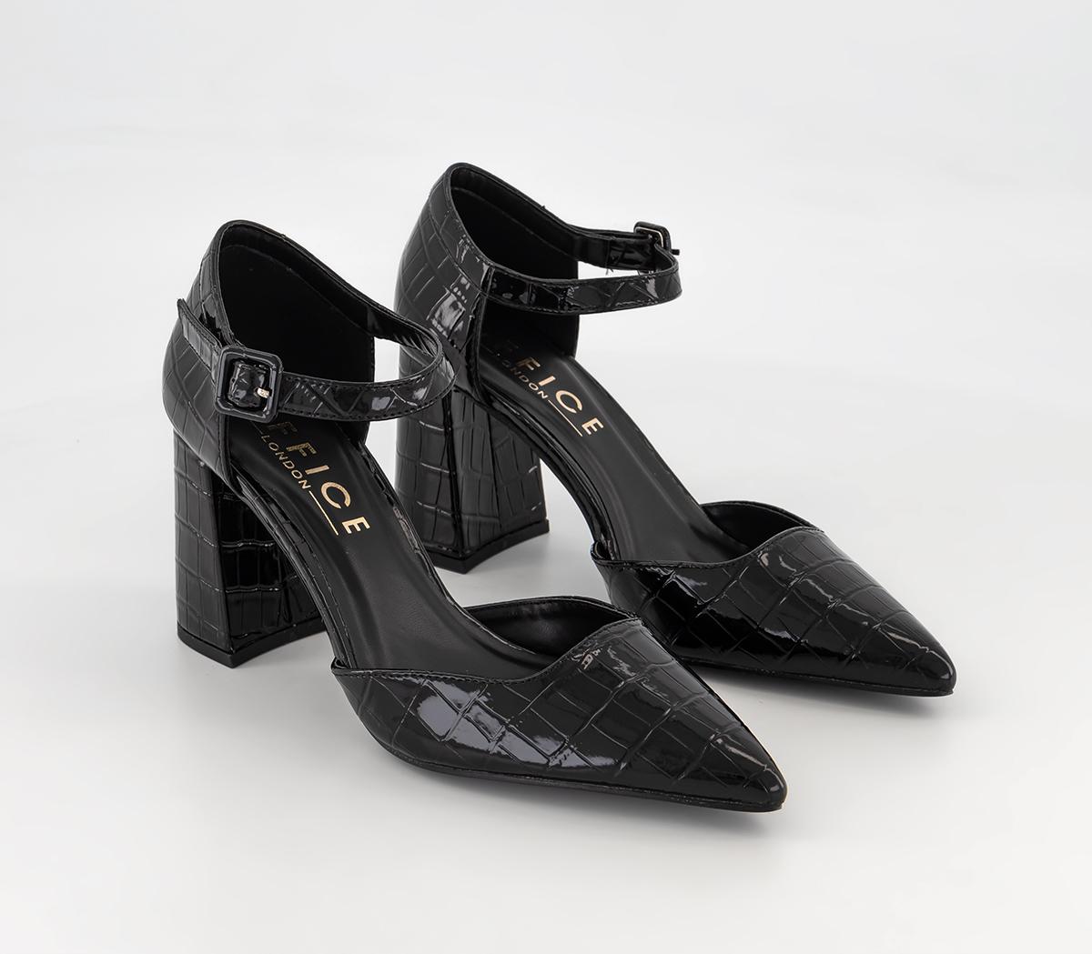 OFFICE Mika Ankle Strap Point Heels Black Croc - Heels