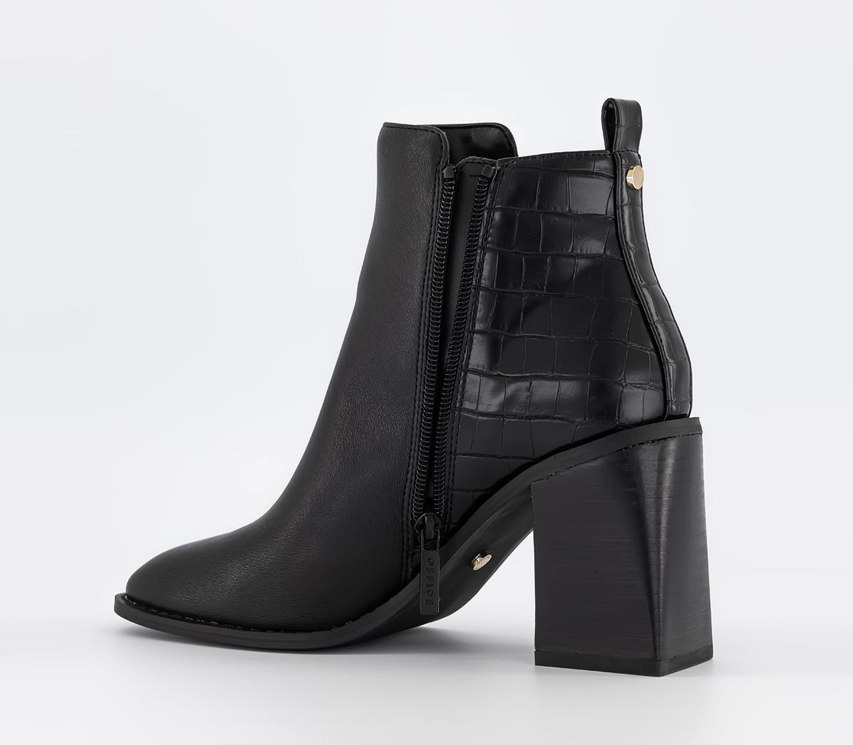 OFFICE Abacus Zip Detail Croc Block Heels Black Croc - Women's Ankle Boots