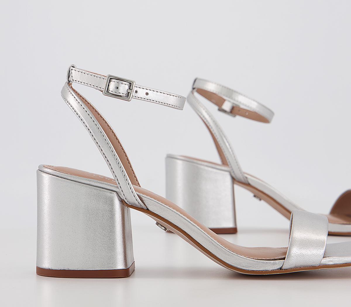 OFFICE Marina Ankle Strap Low Block Heels Silver Leather - Mid Heels
