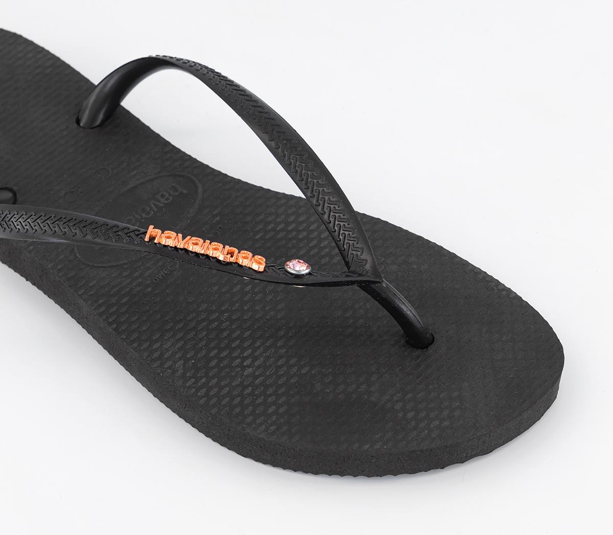 Havaianas Slim Logo Metal Crystal Sw Flip Flops Black Pink - Holiday Shop