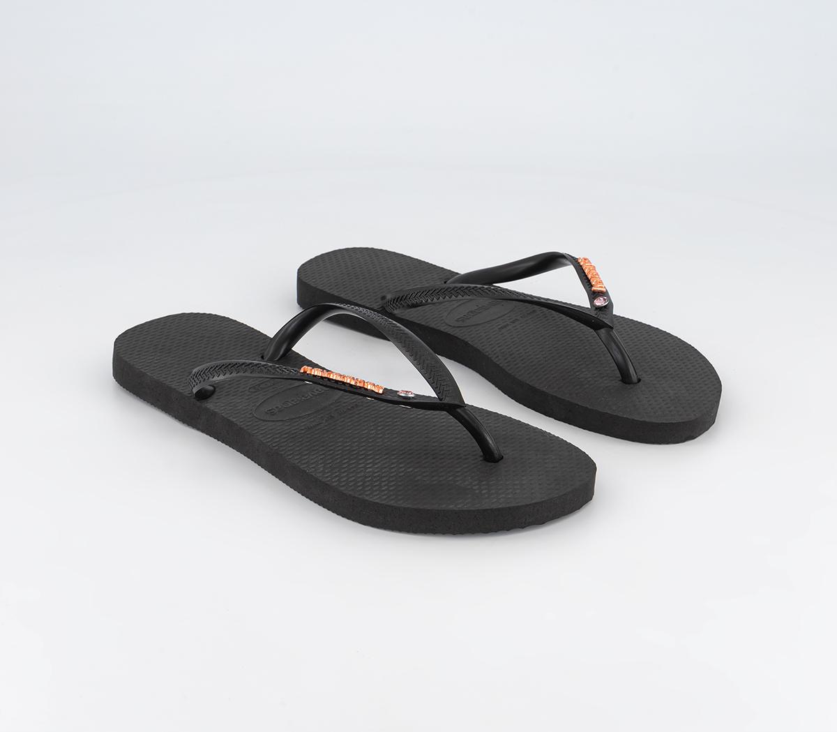 Havaianas Slim Logo Metal Crystal Sw Flip Flops Black Pink - Holiday Shop