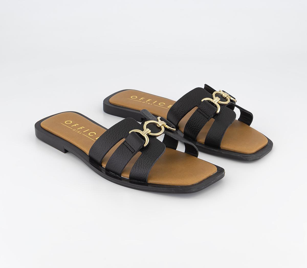 OFFICE Salvador Gold Trim Slides Black Leather - Women’s Sandals