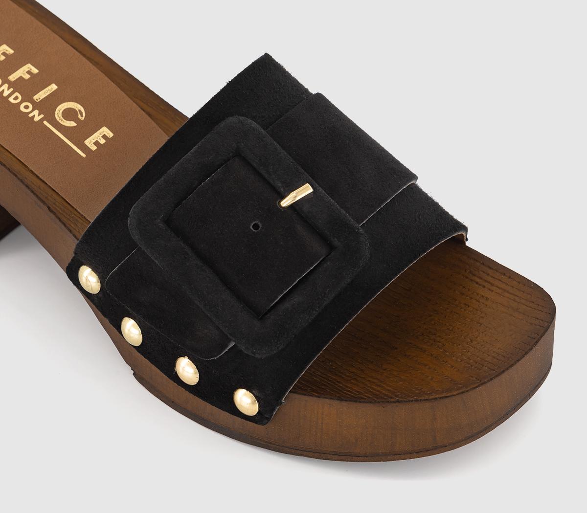 OFFICE Max Buckle Clogs Black Suede - Mid Heels