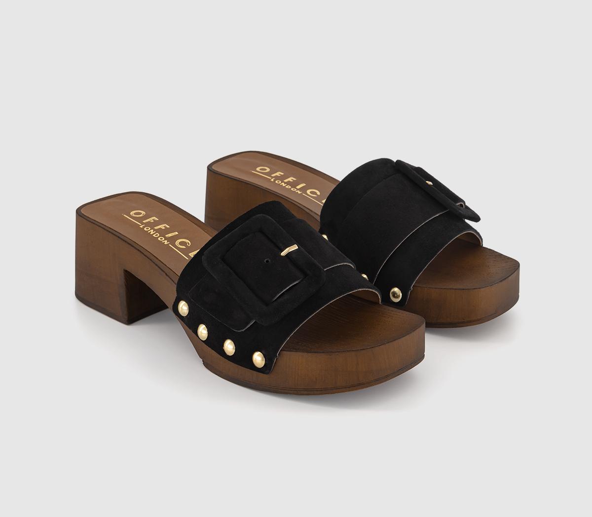 OFFICE Max Buckle Clogs Black Suede - Mid Heels