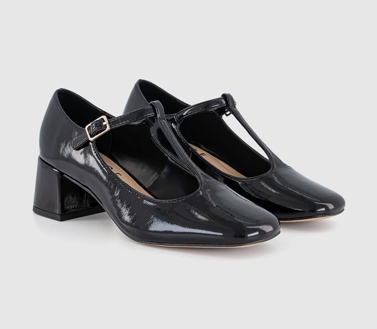 OFFICE Macey T-bar Block Heels Black Patent - Mid Heels