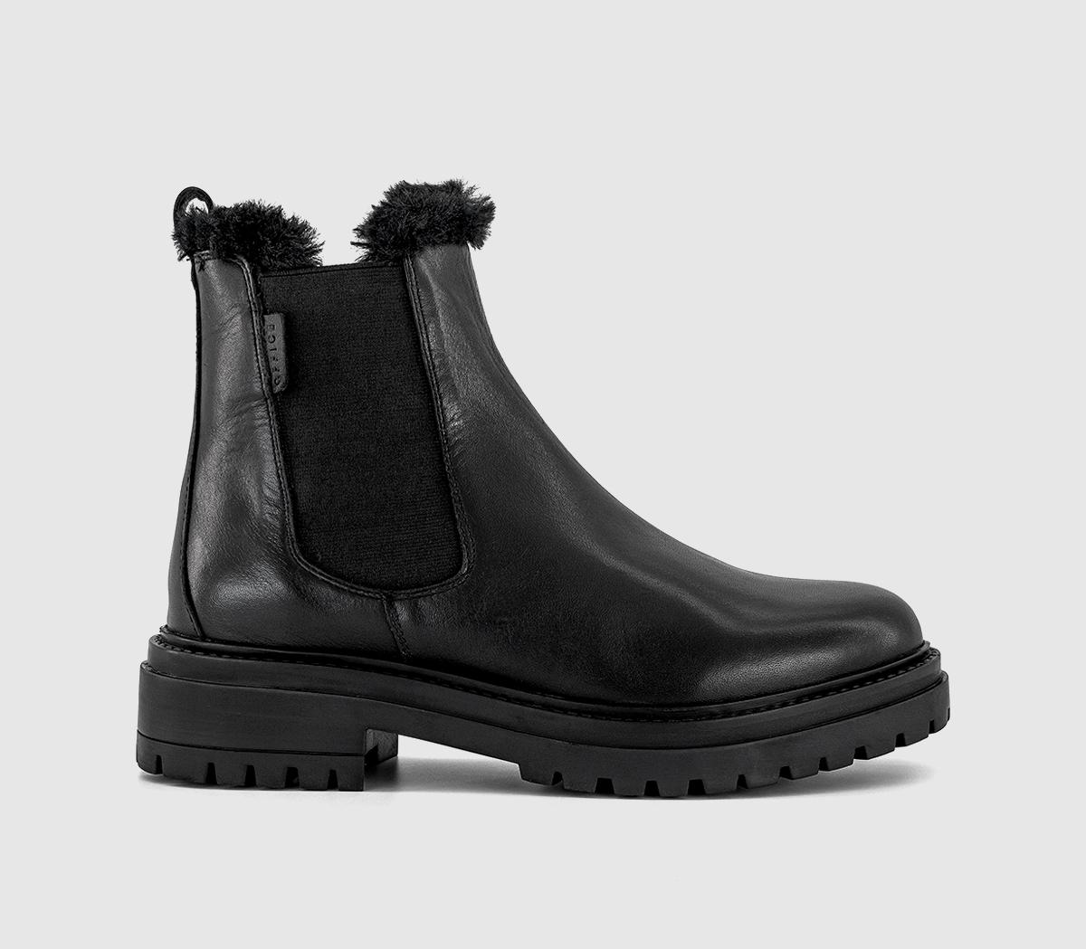 OFFICE Angelica Cleated Chelsea Boots Black Leather Black Fur Lined ...