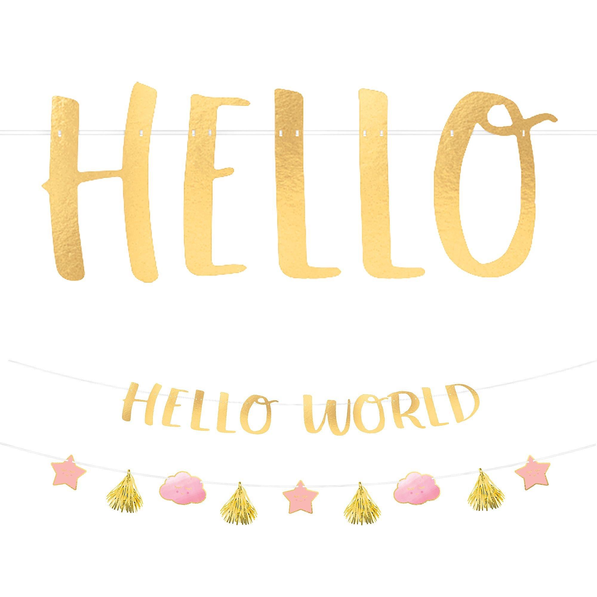 Metallic Gold & Pink Hello World Baby Banner Kit 5 3/4ft | Party City