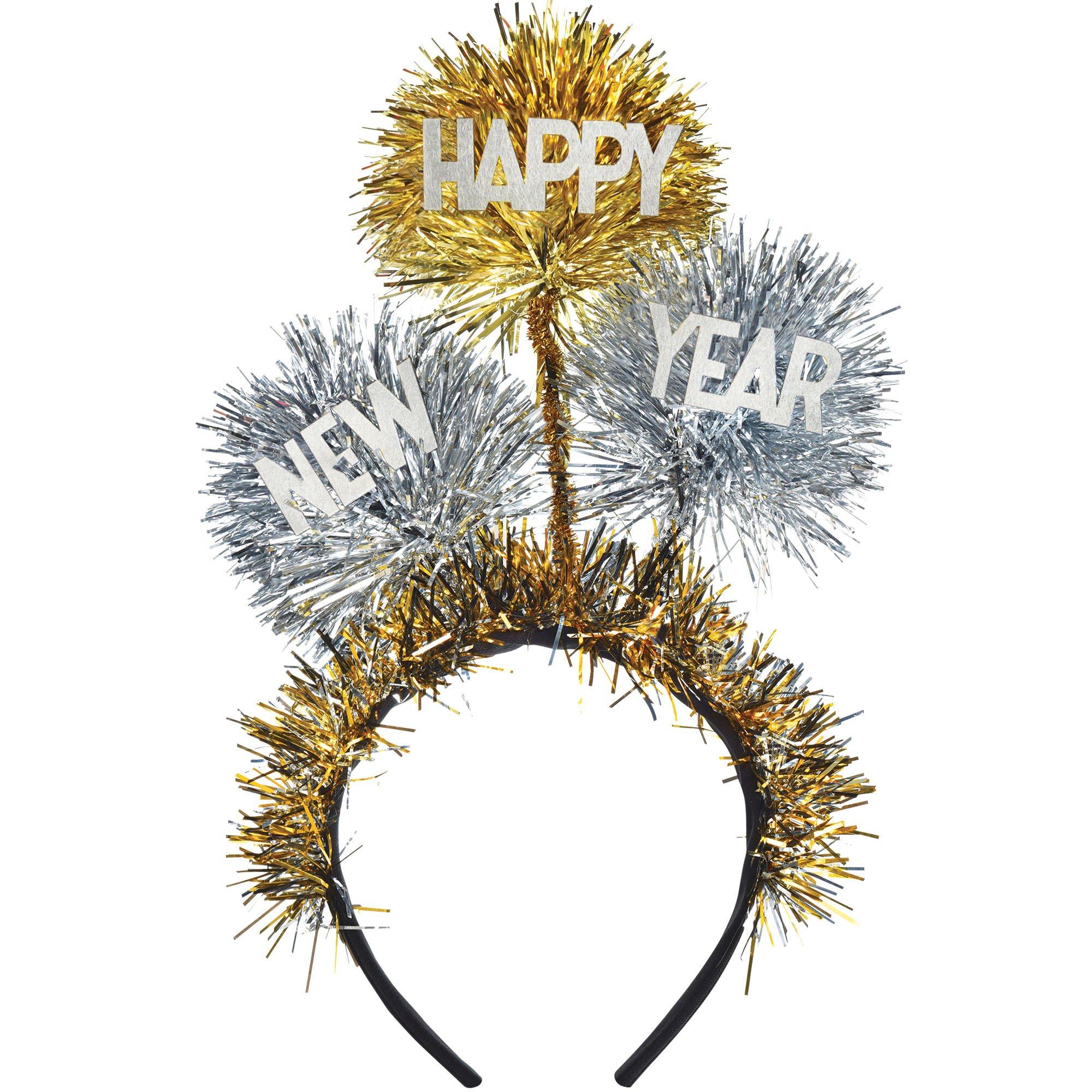 Silver & Gold Happy New Year Tinsel Pom Pom Headband | Party City