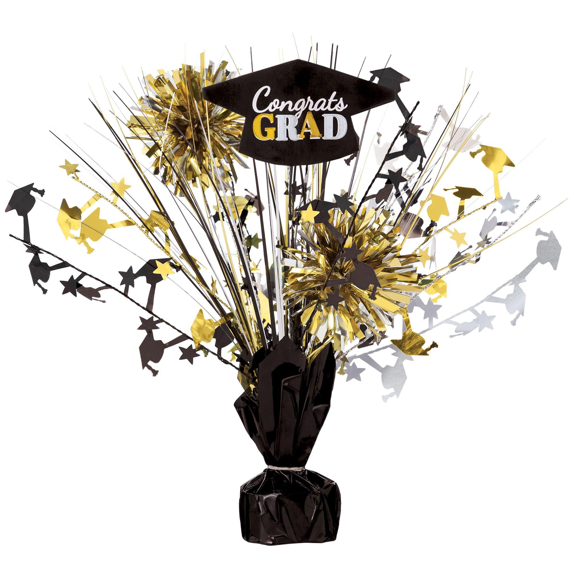 Black, Silver, & Gold Congrats Grad Tinsel Burst Spray Centerpiece, 9in ...