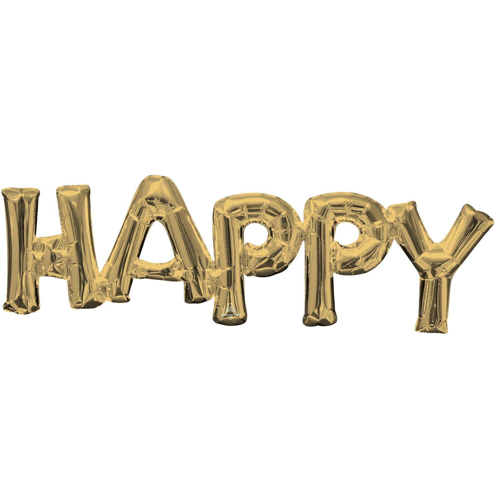 PartyCity Air-Filled White Gold Happy Letter Balloon Banner, 30in x ...