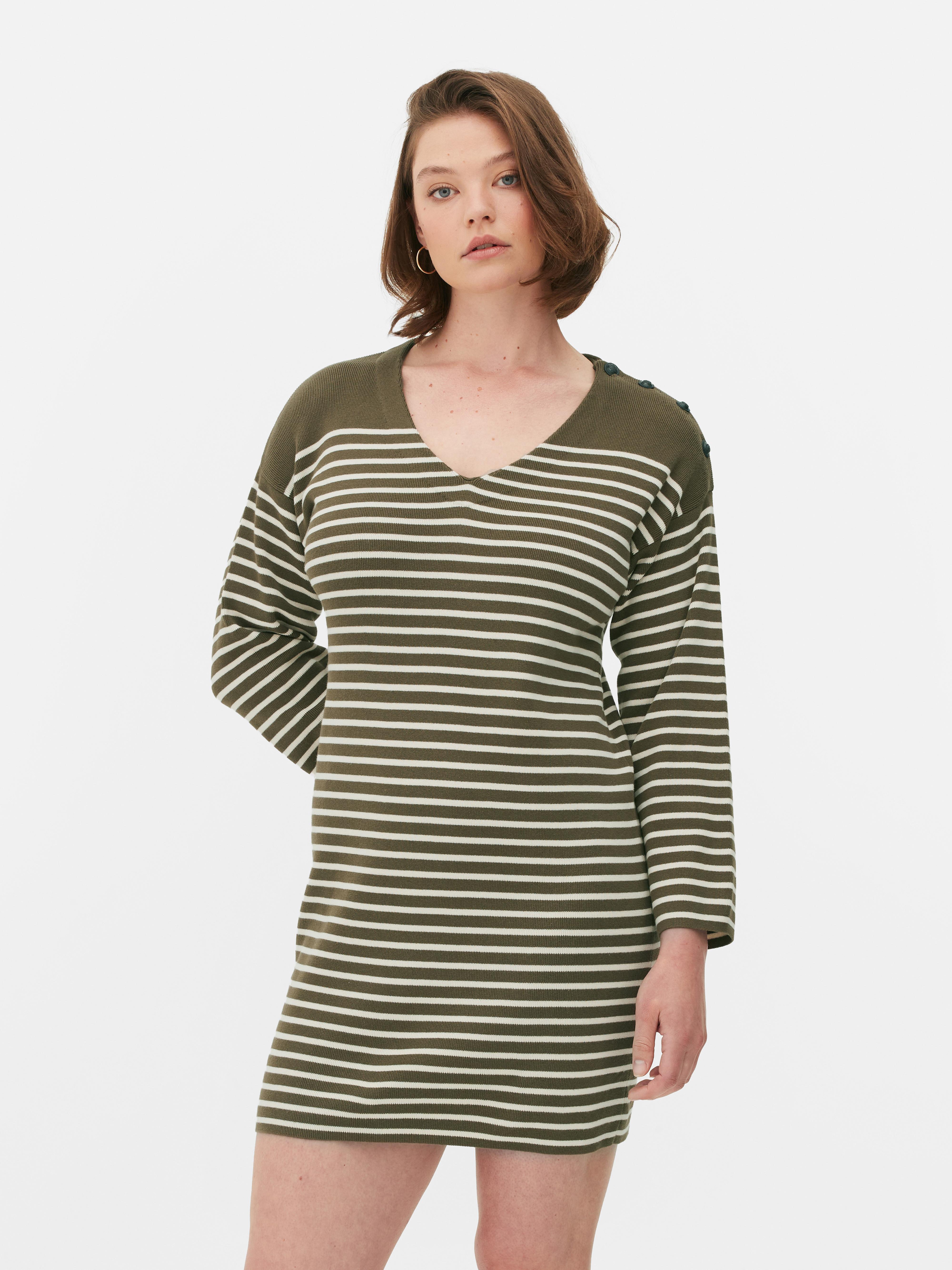 Rochie pulover cu dungi și detaliu nasturi - Kaki - Femei | Primark