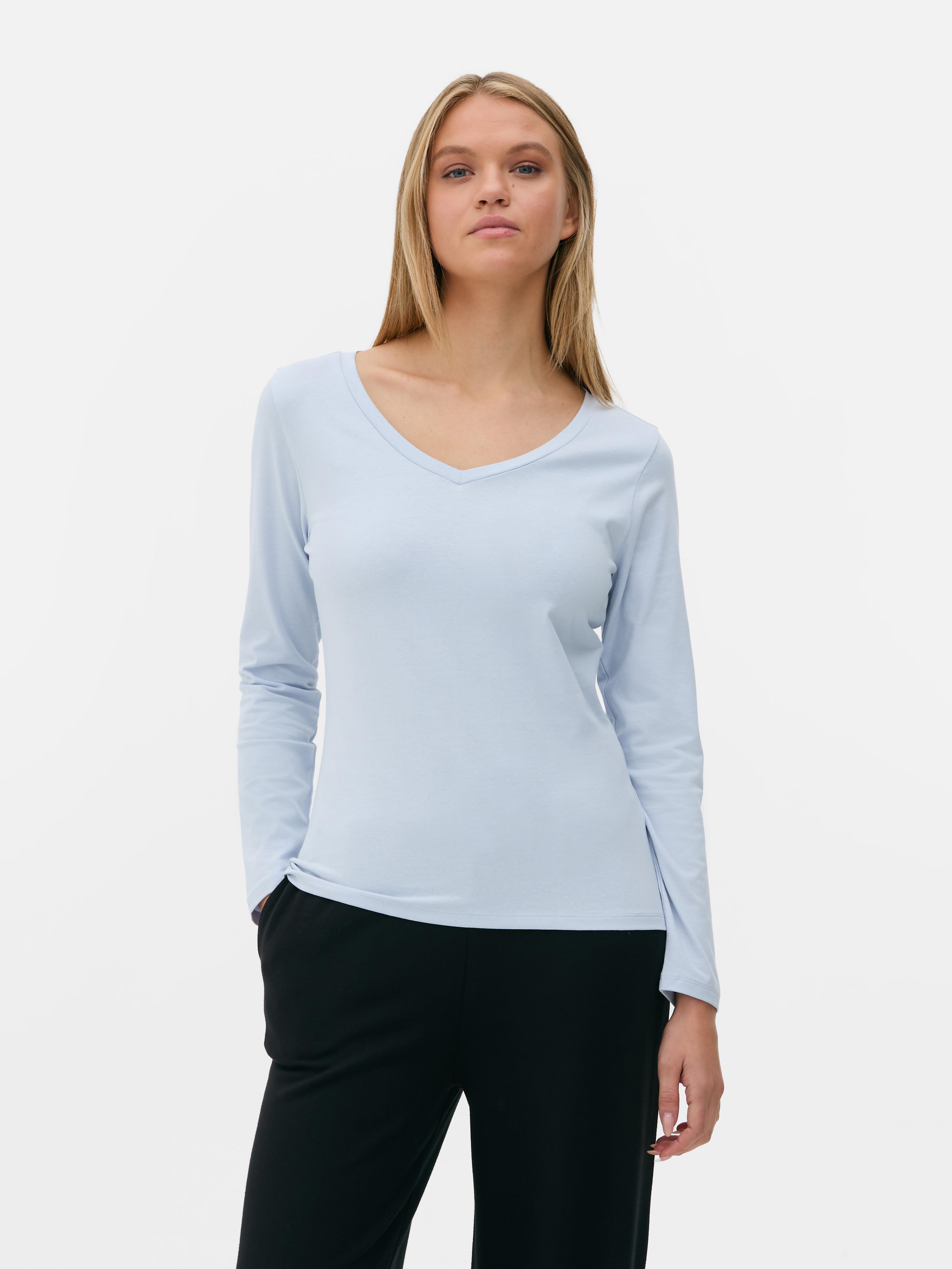 Tričko s dlhým rukávom a véčkovým výstrihom - Svetlomodrá - Ženy | Primark