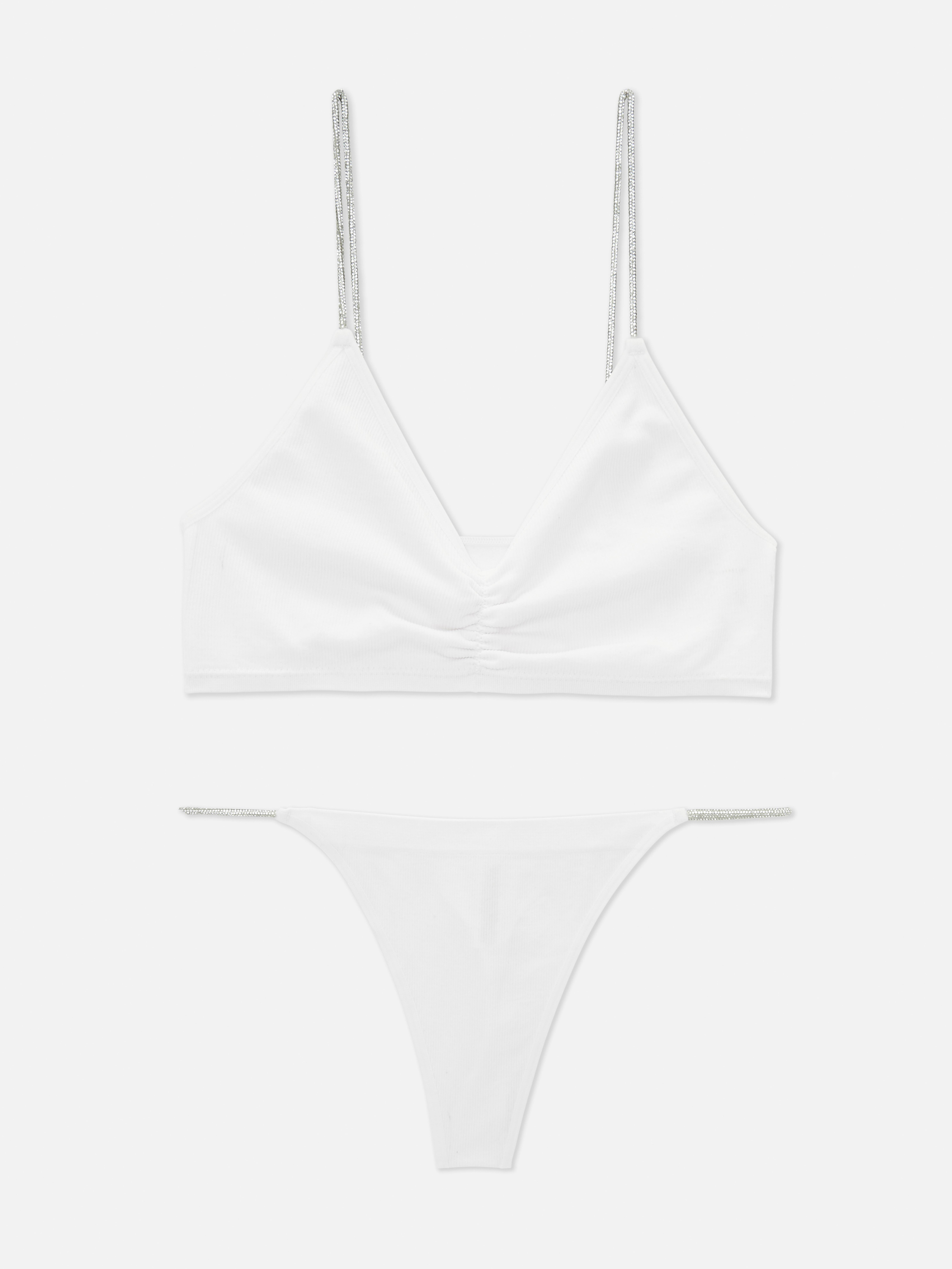 Womens White Diamante Strap Seamless Bralette and Thong Set Primark
