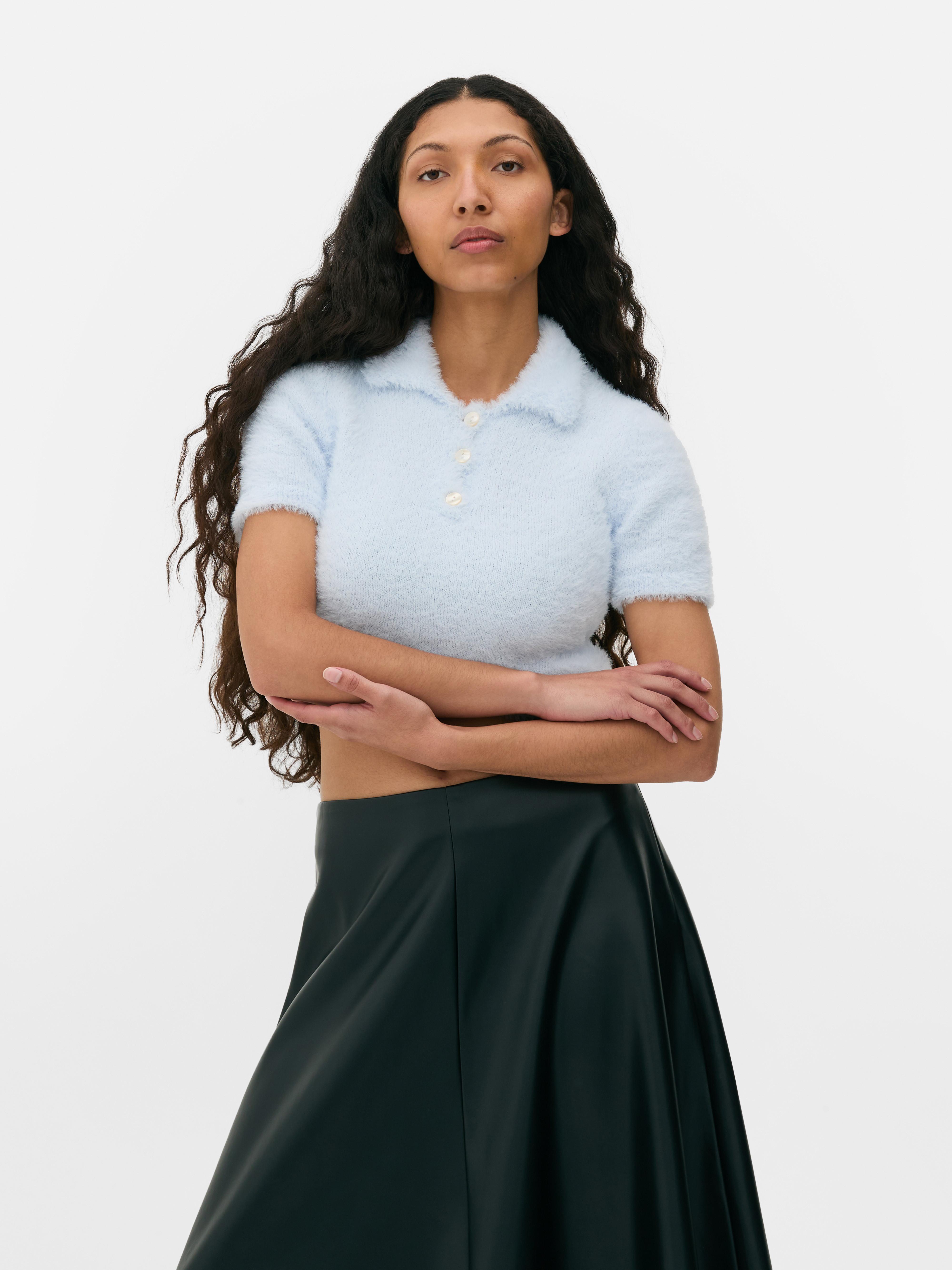 Women's Light Blue Fluffy Polo Top | Penneys