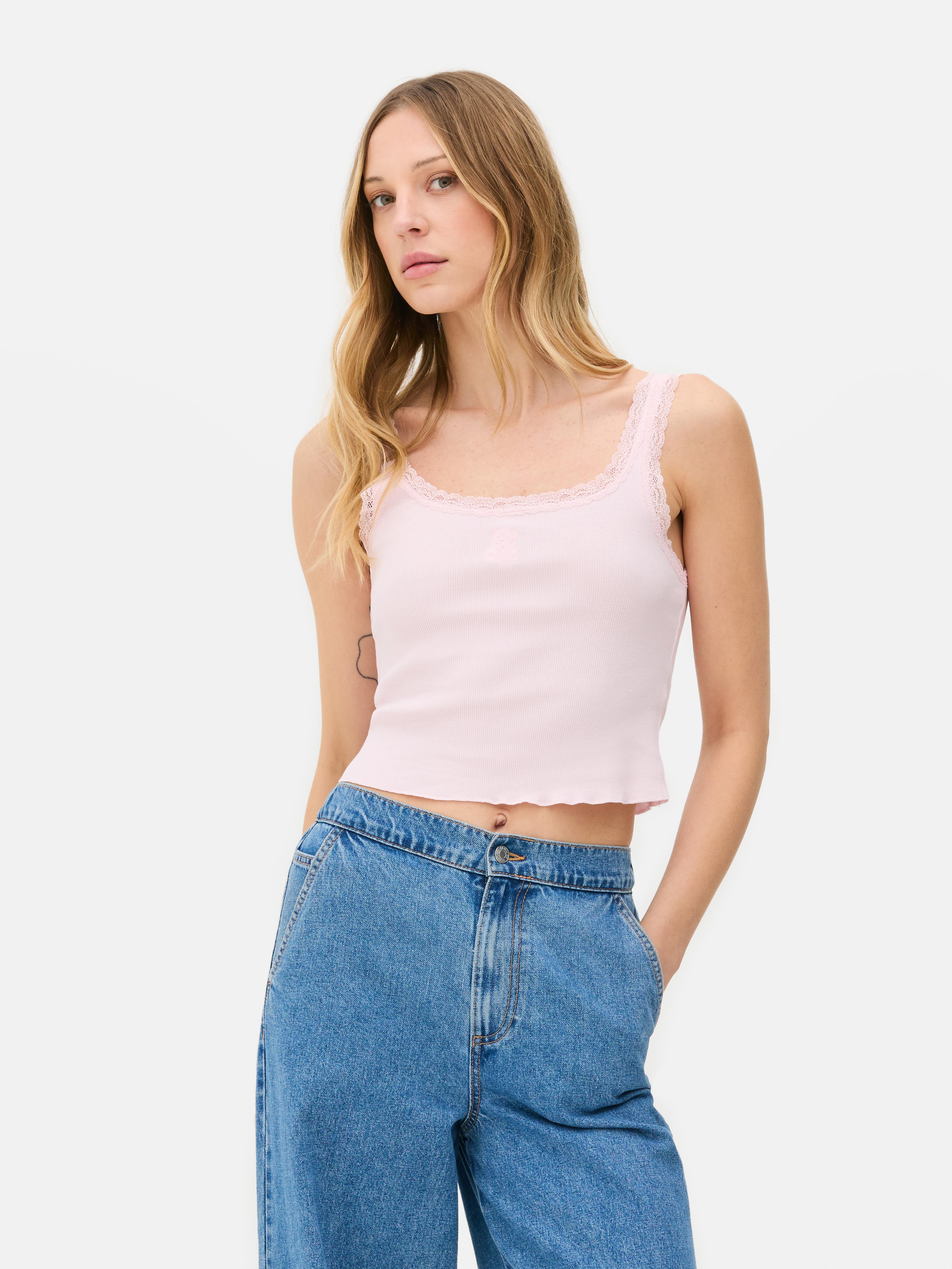 Women's Pink Ribbed Lace Trim Tank | Primark