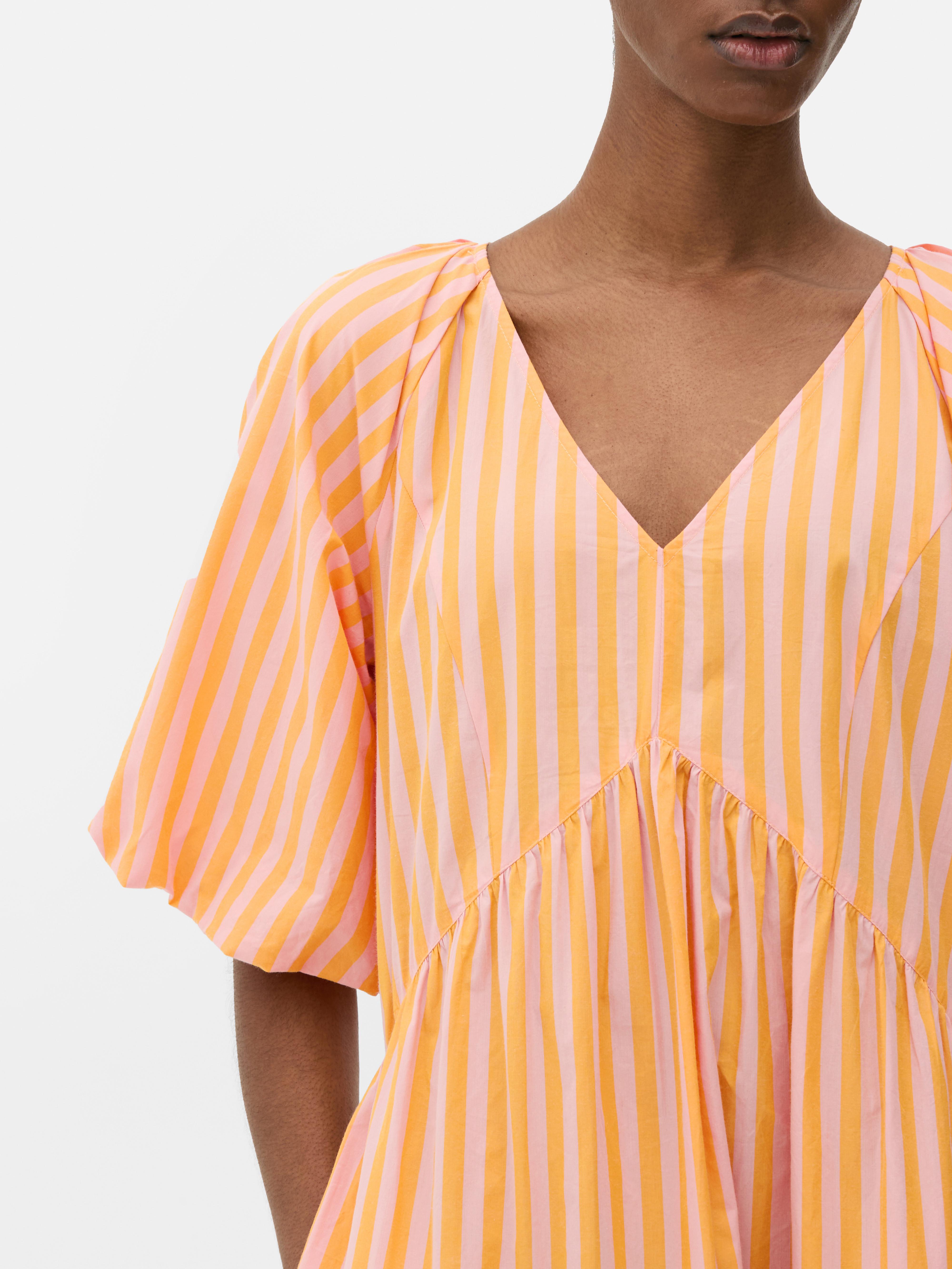 Robe mi-longue à manches bouffantes et rayures - Orange - Femme | Primark