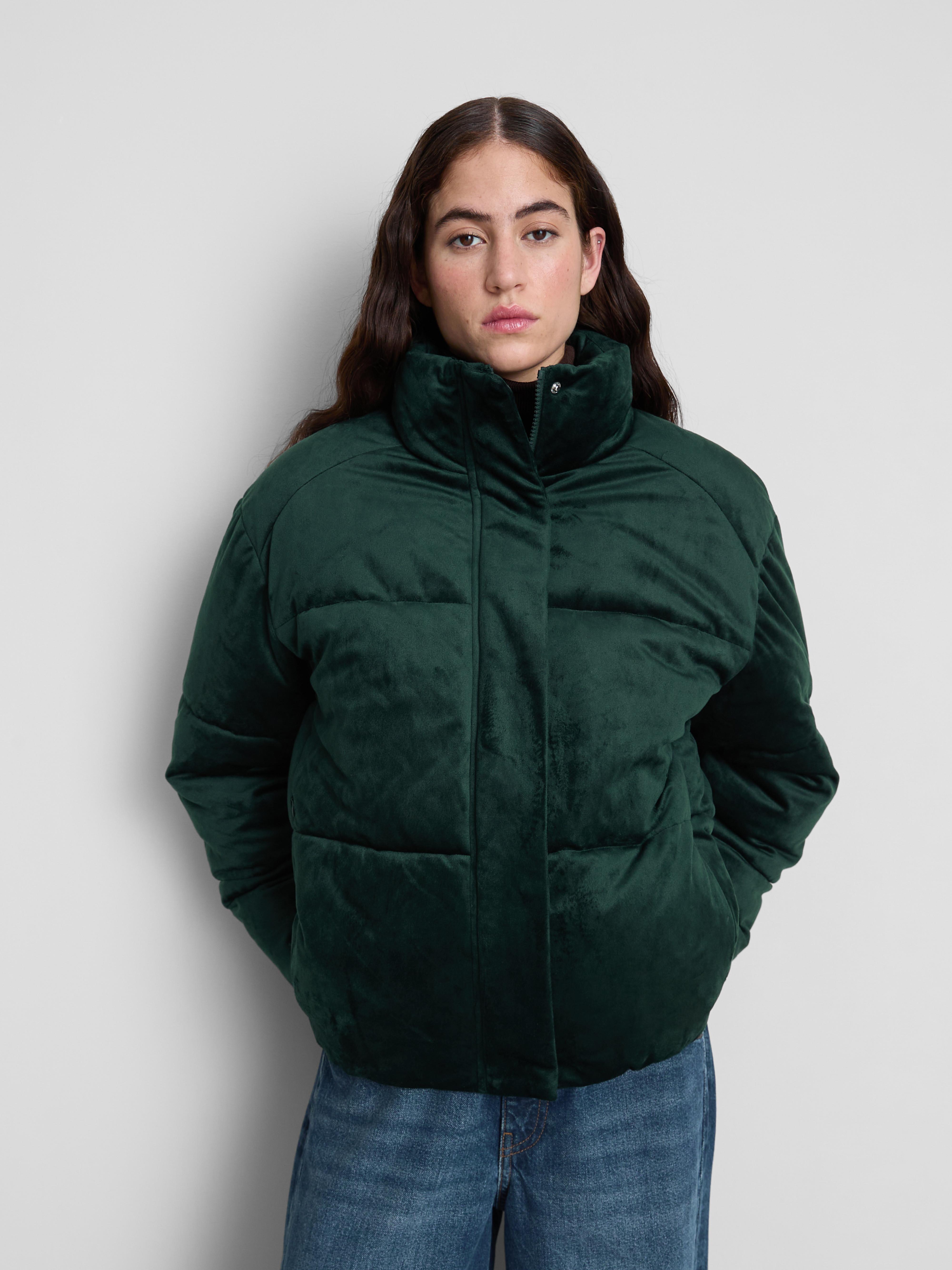 Womens Green Velvet Funnel Quilted Jacket | Primark