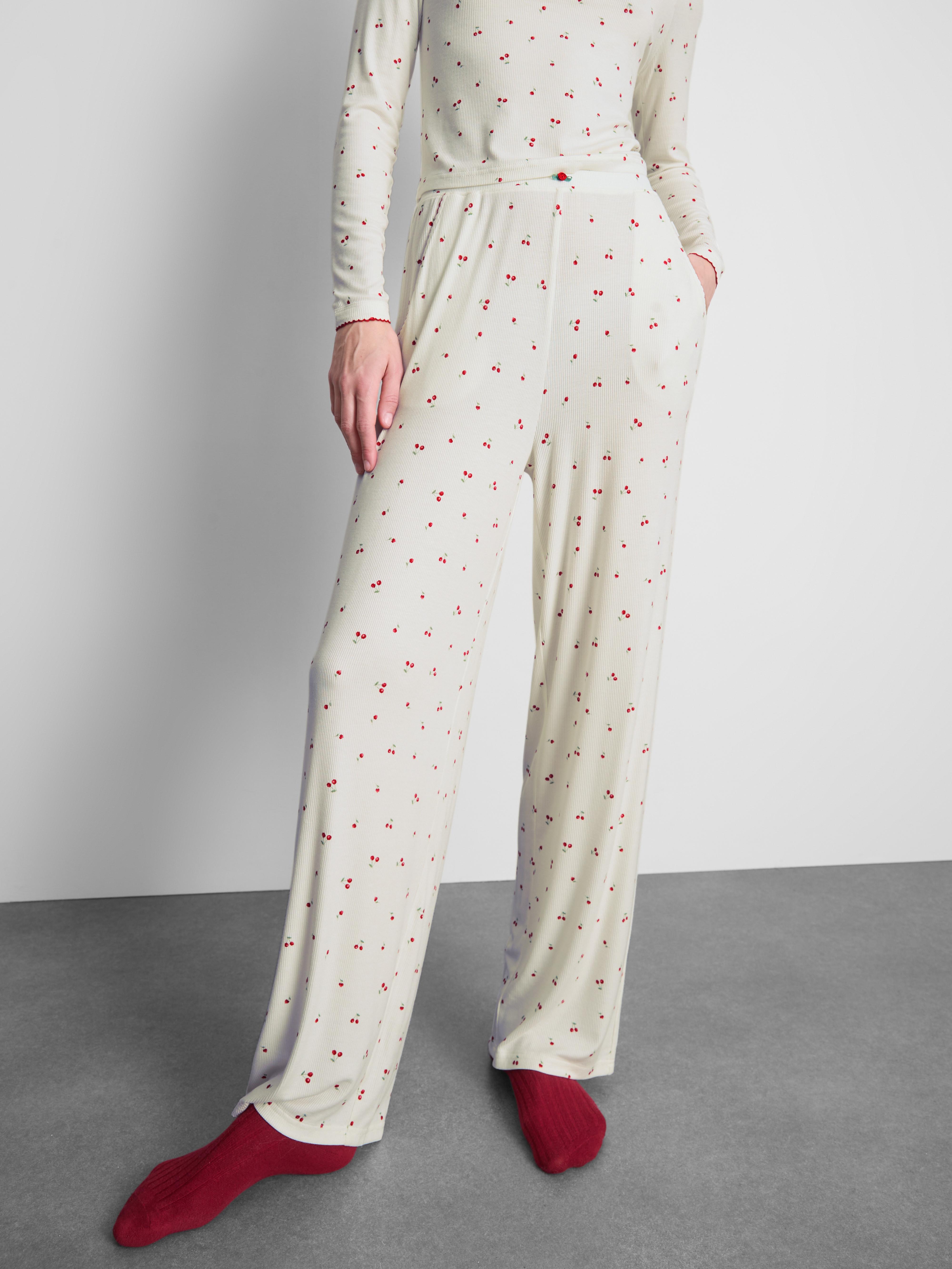 Womens White Ribbed Cherry Print Pyjama Bottoms | Primark