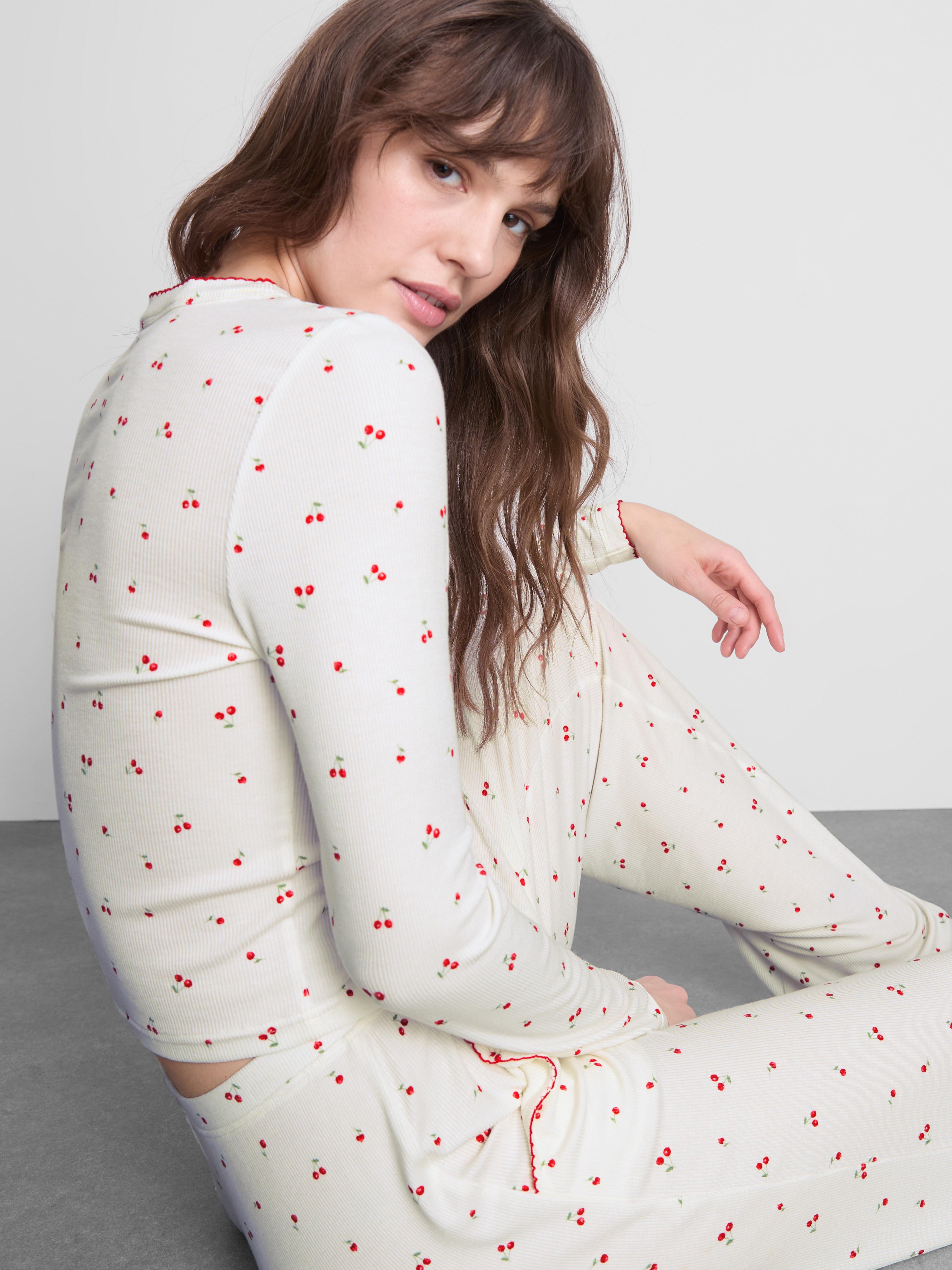 Womens White Ribbed Cherry Print Pyjama Bottoms | Primark