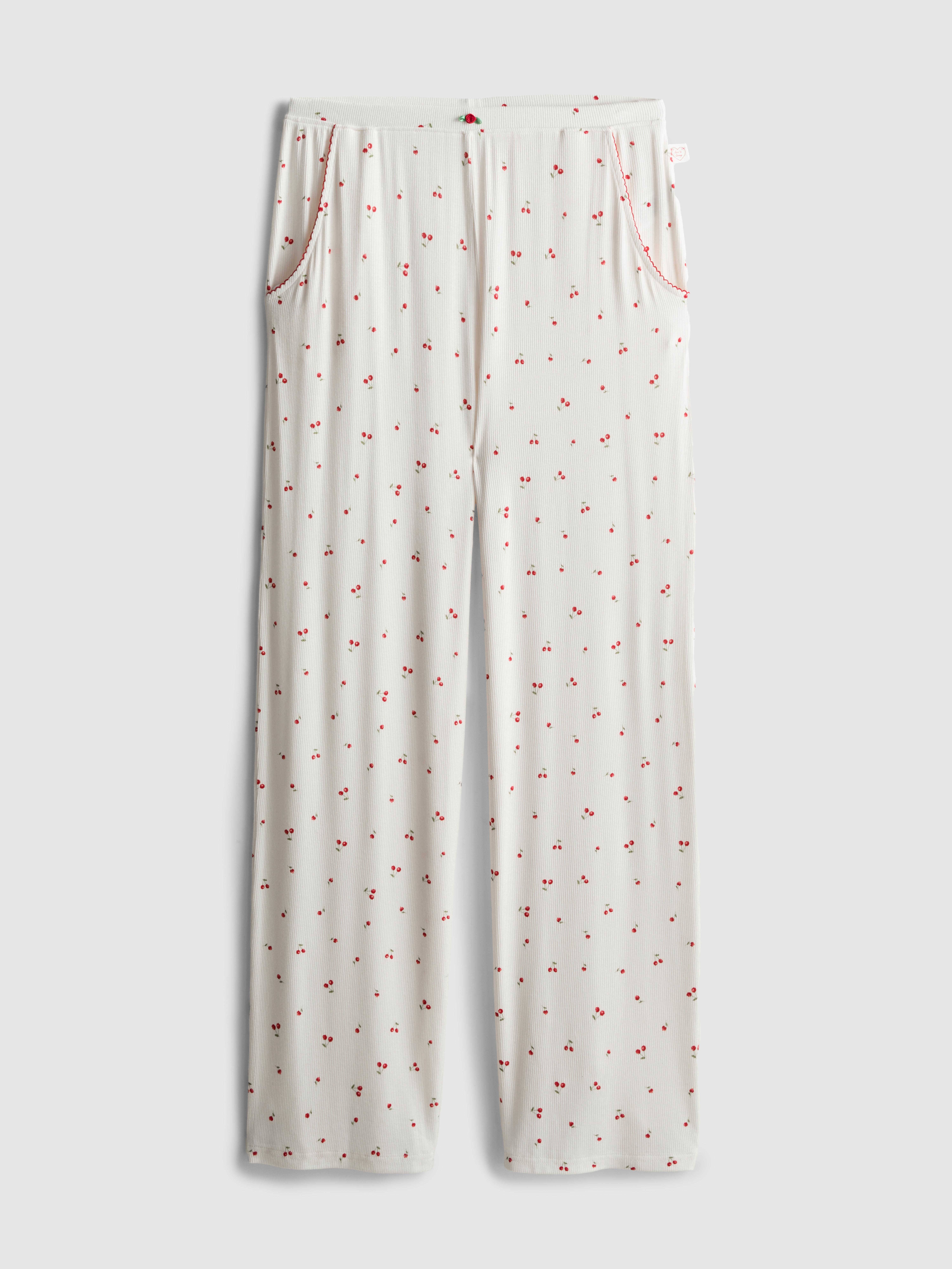 Womens White Ribbed Cherry Print Pyjama Bottoms | Primark