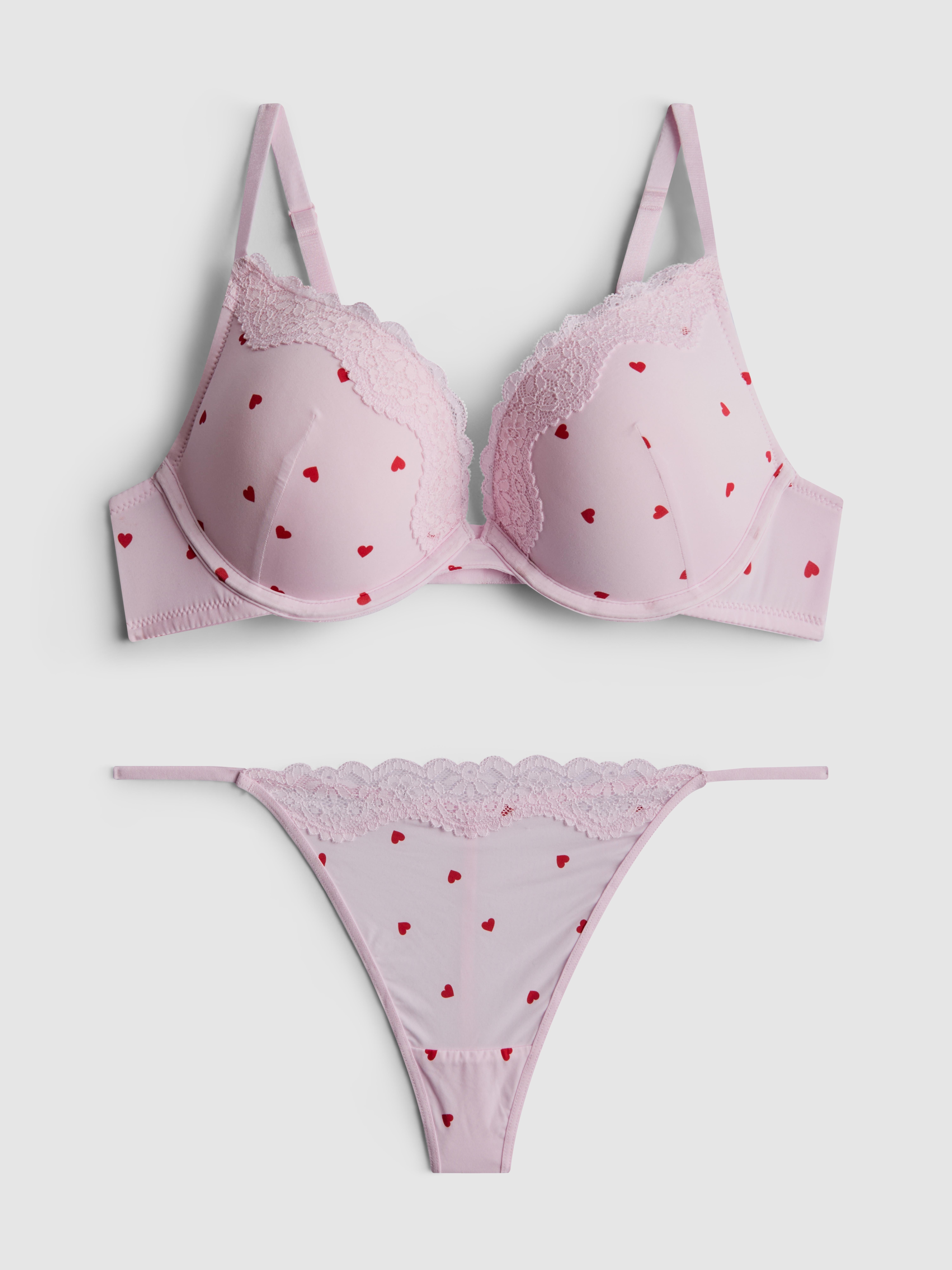 Soutien-gorge push-up et string à imprimé cœur - Rose - Femme | Primark