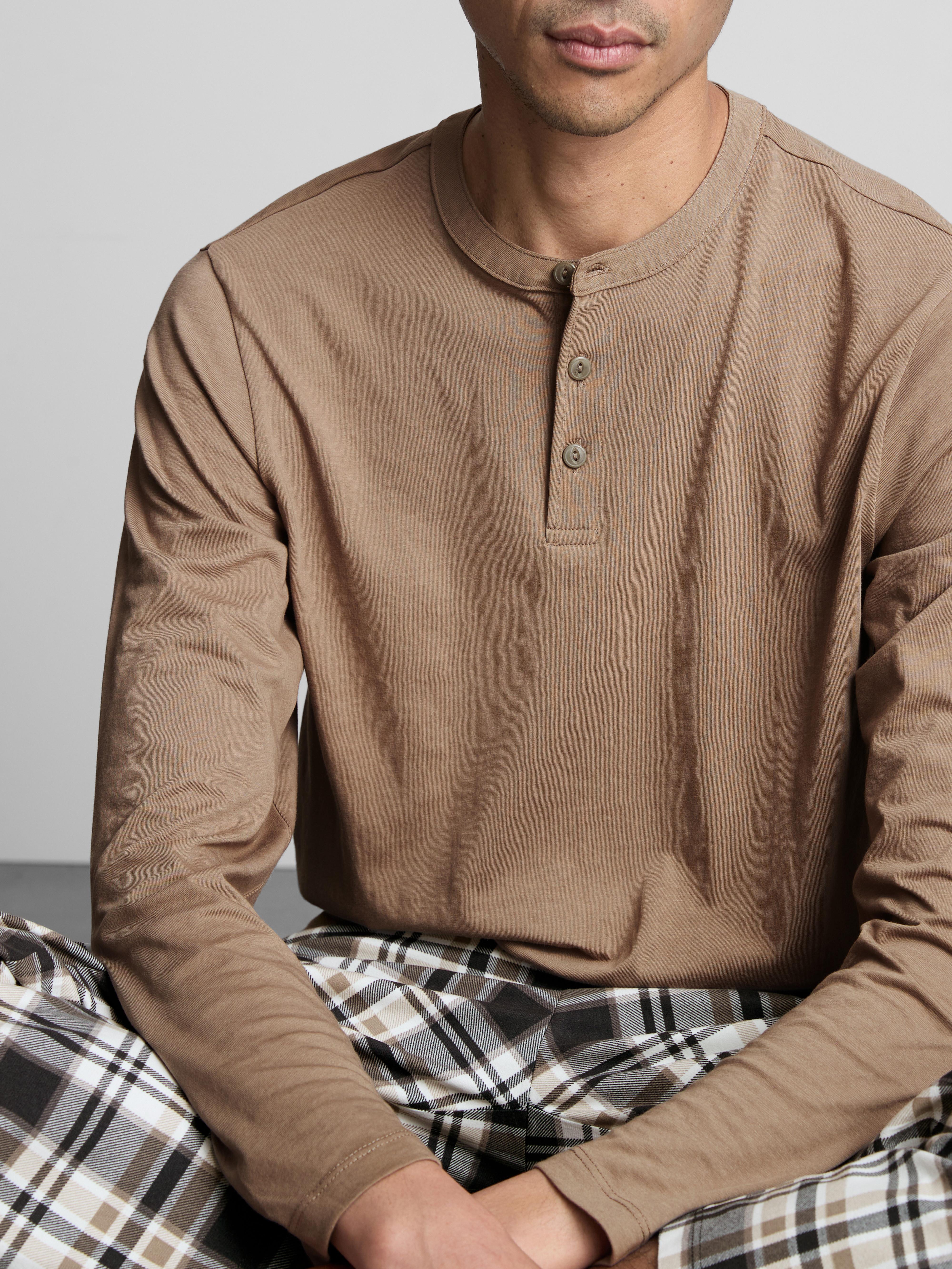 Mens Tan Henley Check Long Pyjamas | Primark