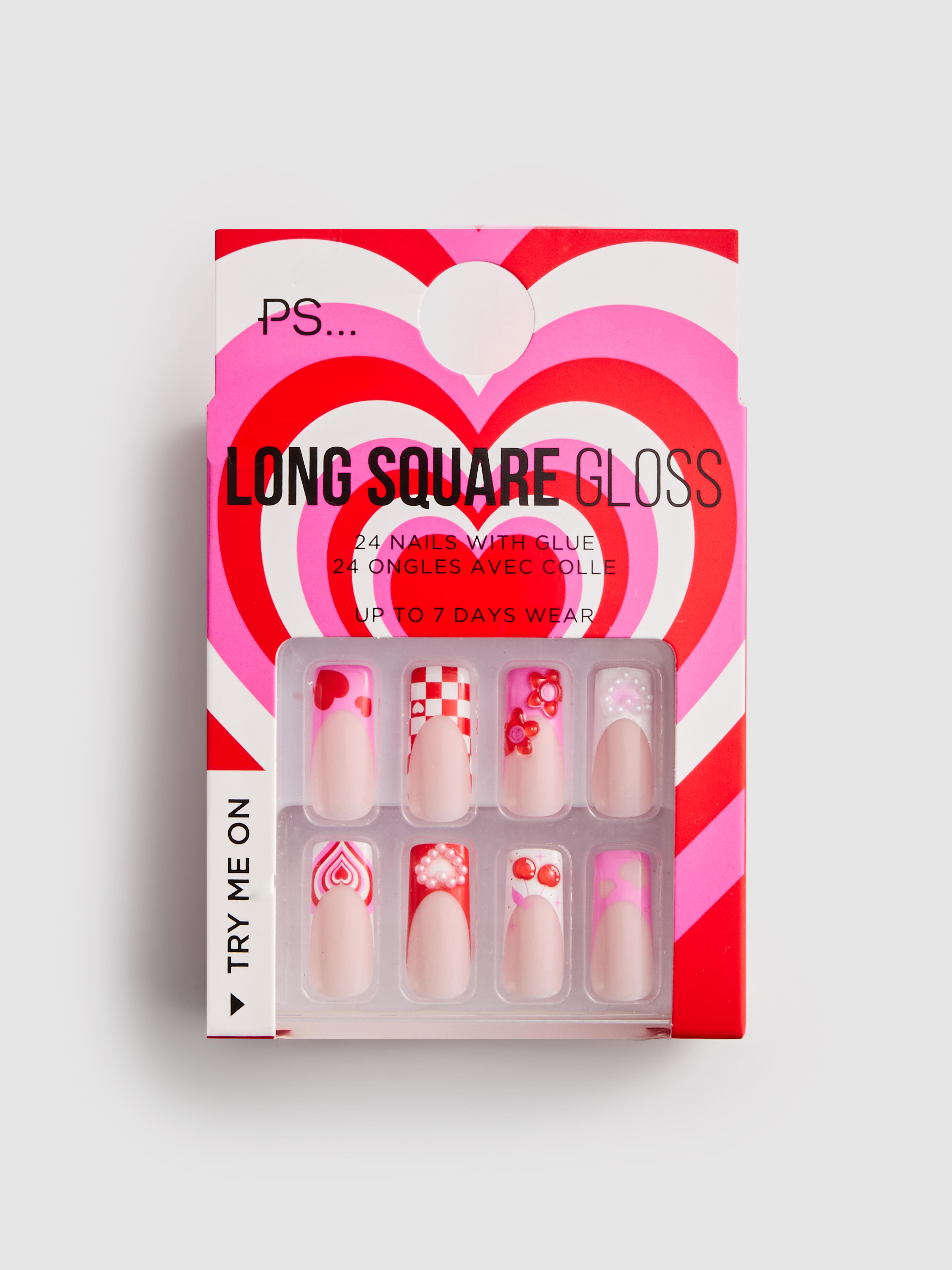 Pink PS... Heart Print French Tip Long Square Gloss False Nails | Primark