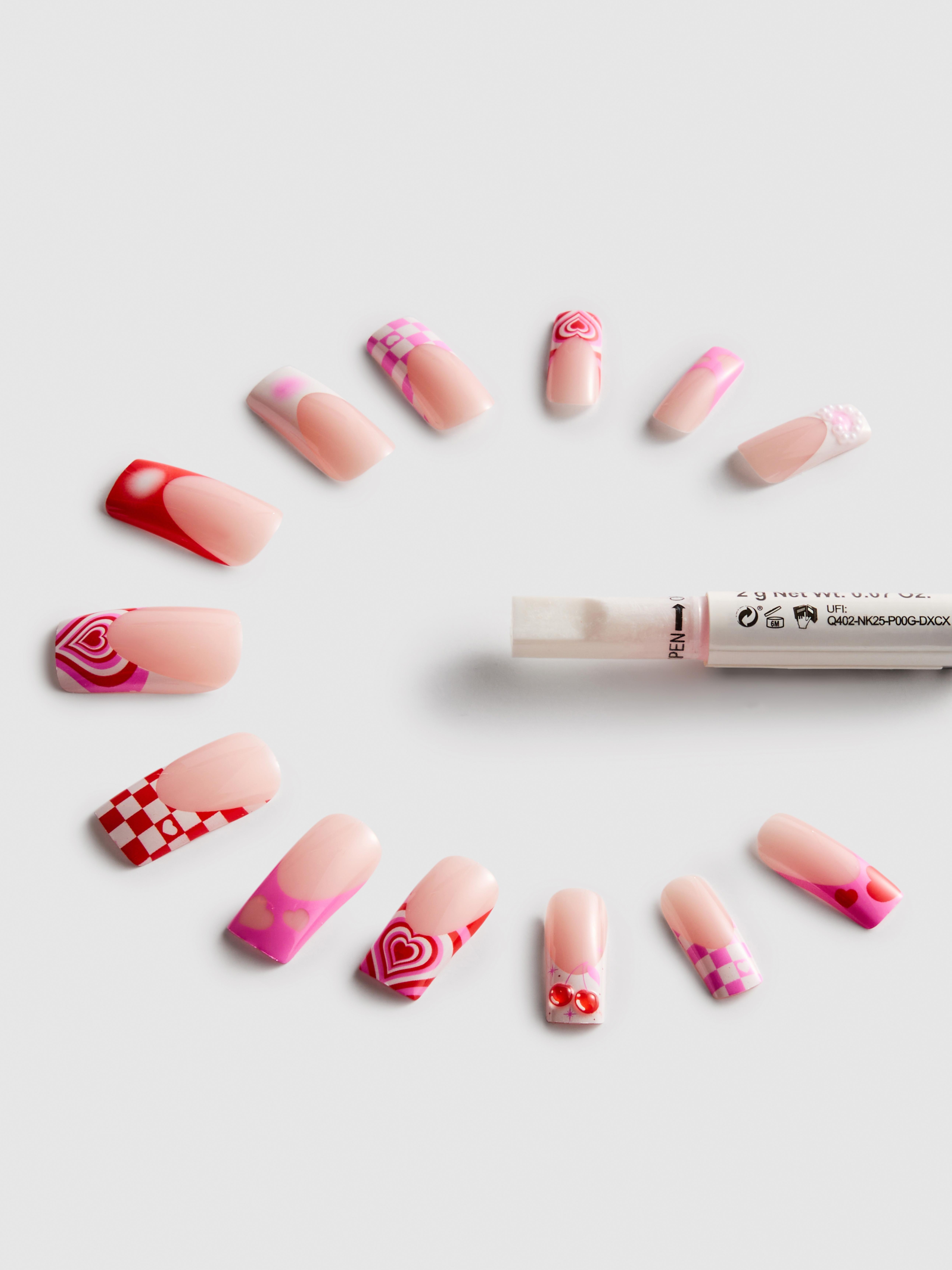 Pink PS... Heart Print French Tip Long Square Gloss False Nails | Primark