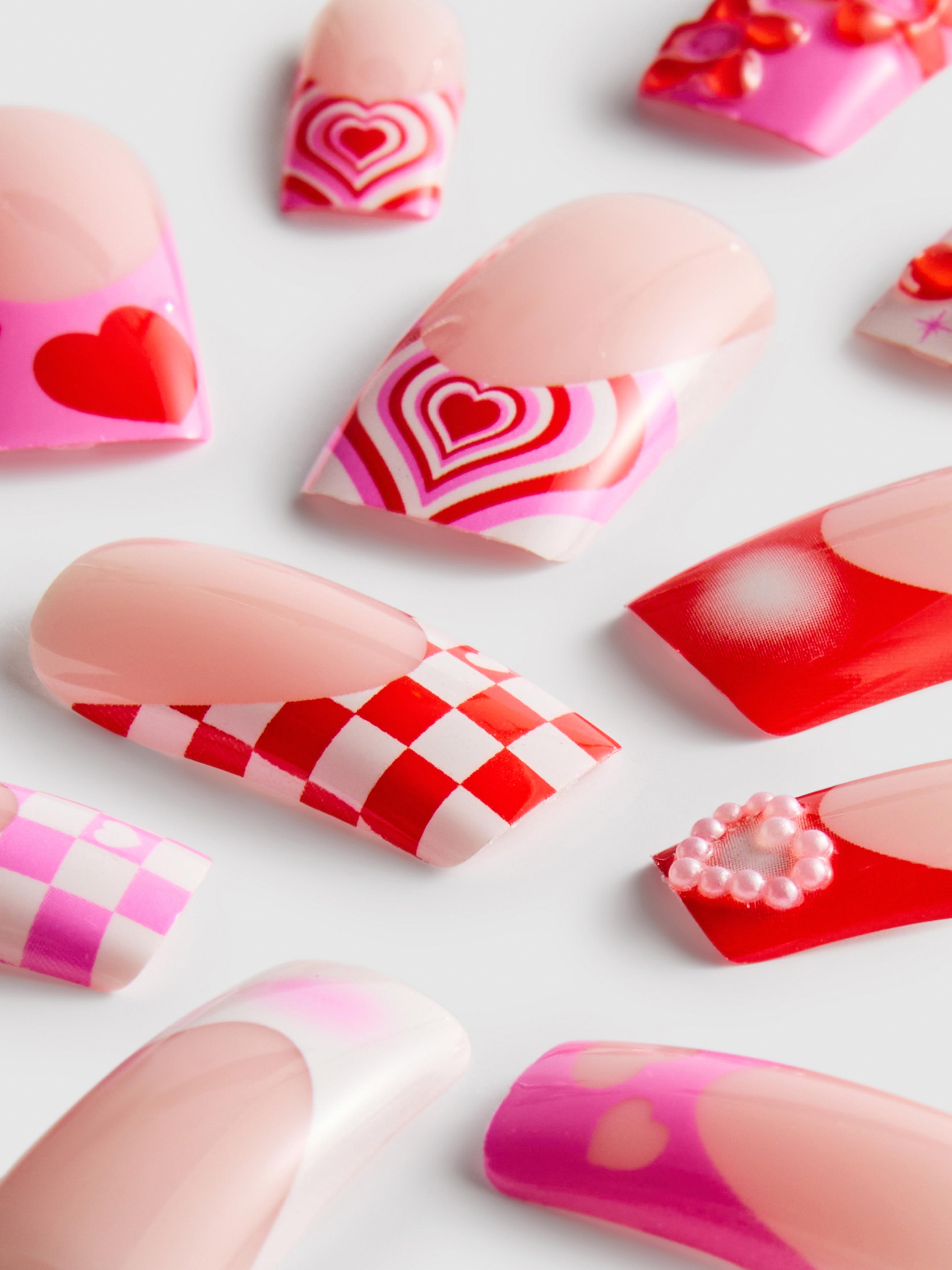 Pink PS... Heart Print French Tip Long Square Gloss False Nails | Primark