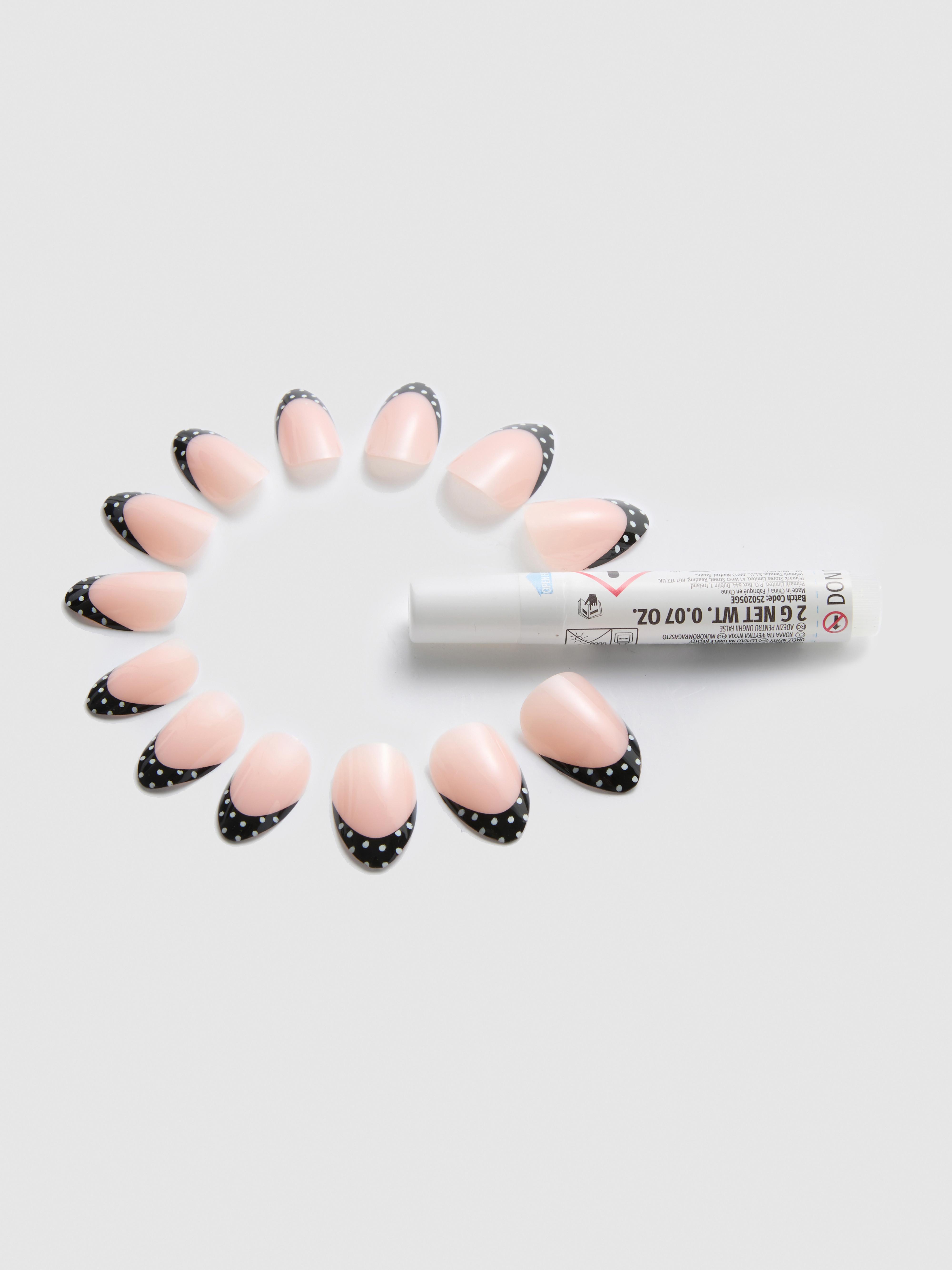 Black Polka Dot French Tip Almond Gloss False Nails | Primark