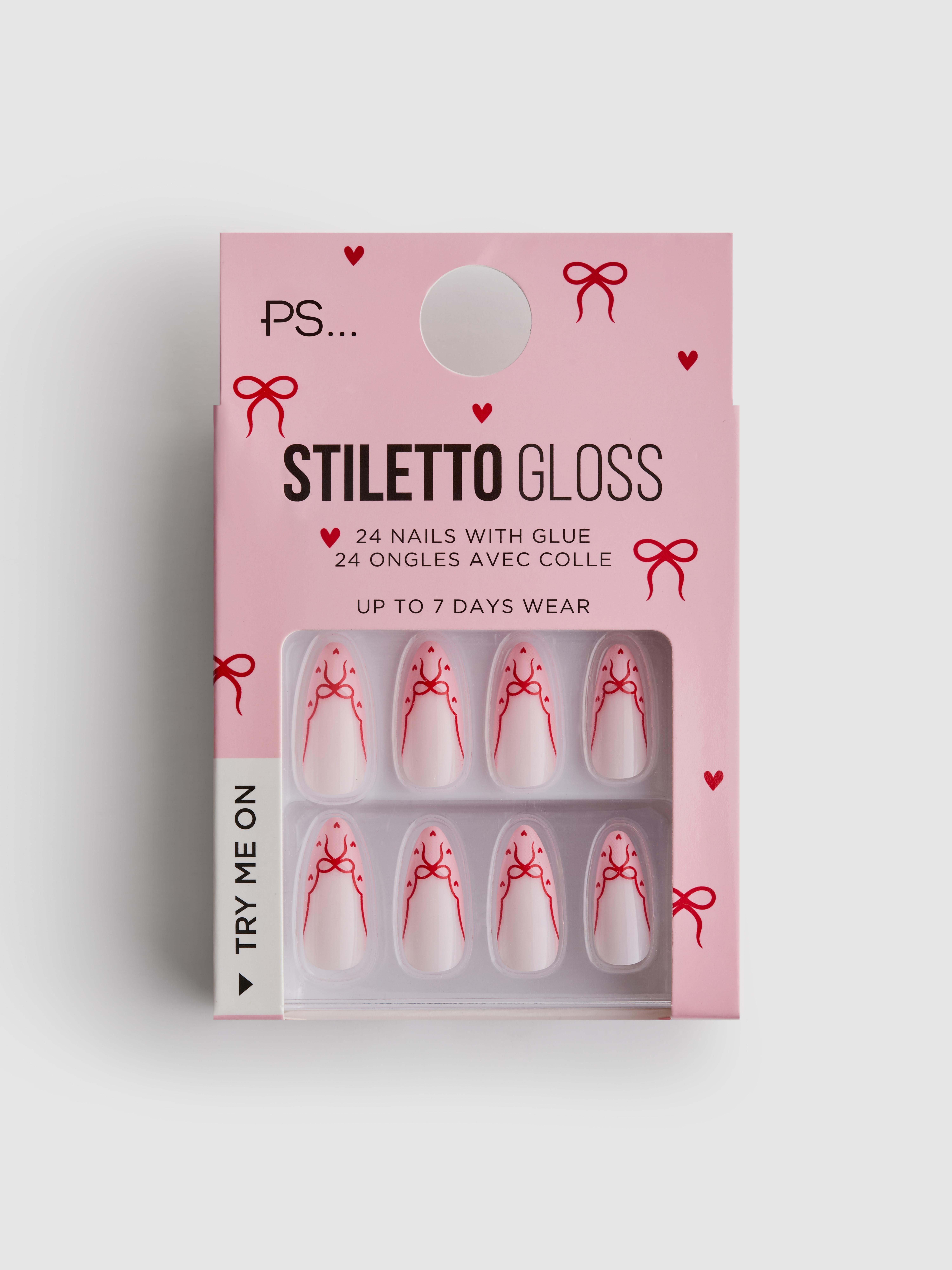 Red PS... Bow French Top Stiletto Gloss False Nails | Primark