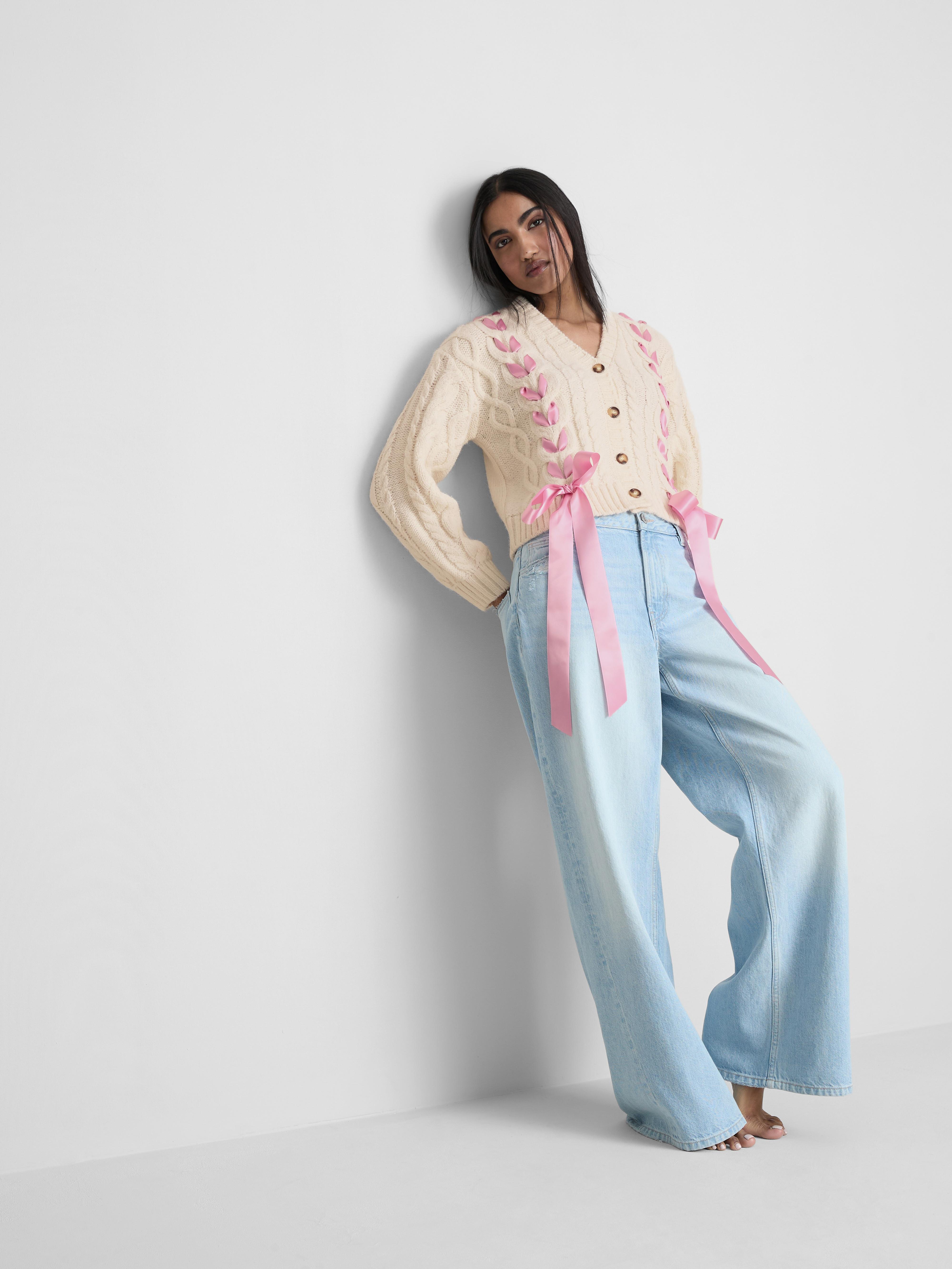 Women's Ecru Cable Knit Ribbon Cardigan | Penneys