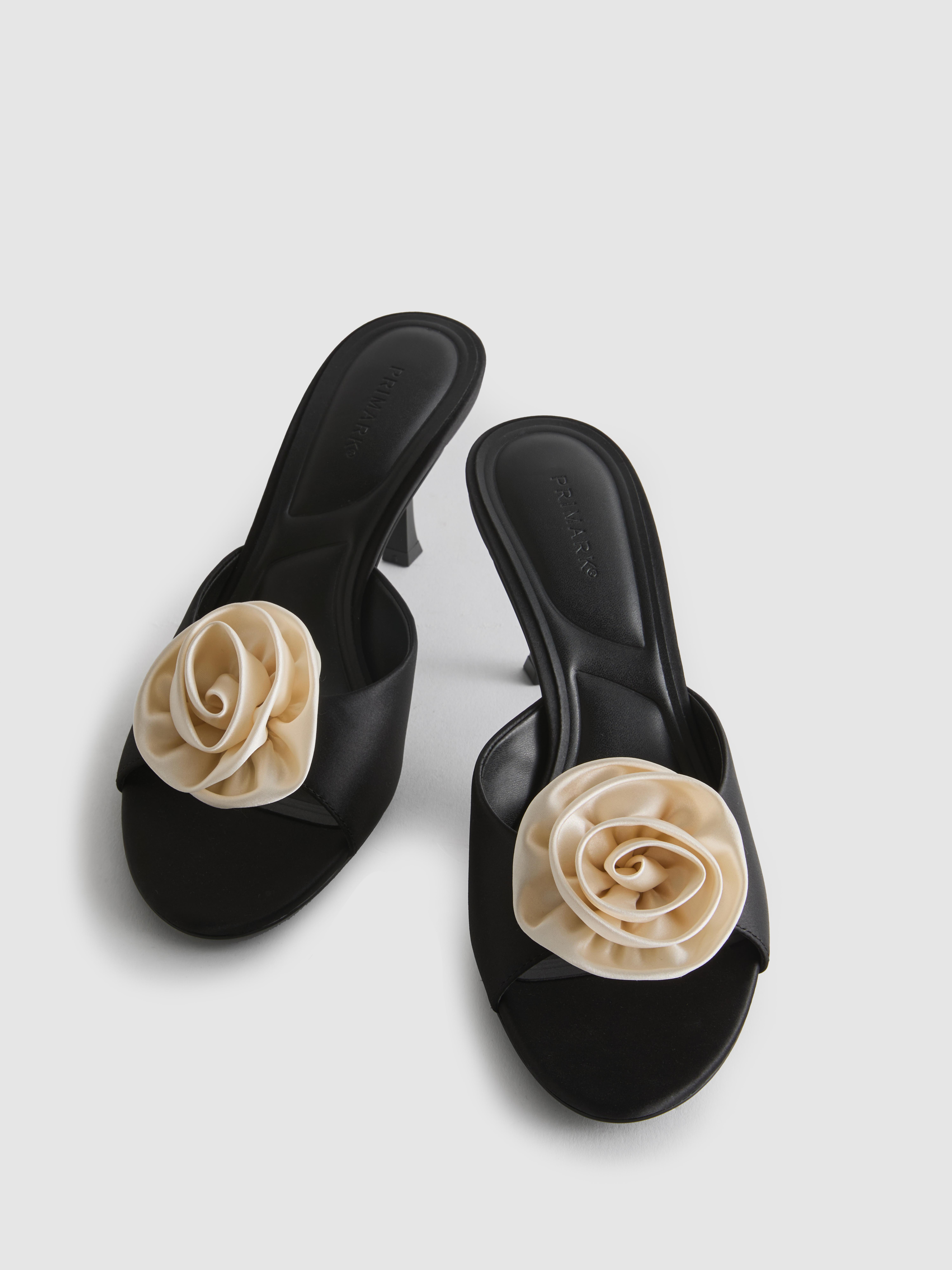 Womens Black Floral Satin Mule Heels | Primark