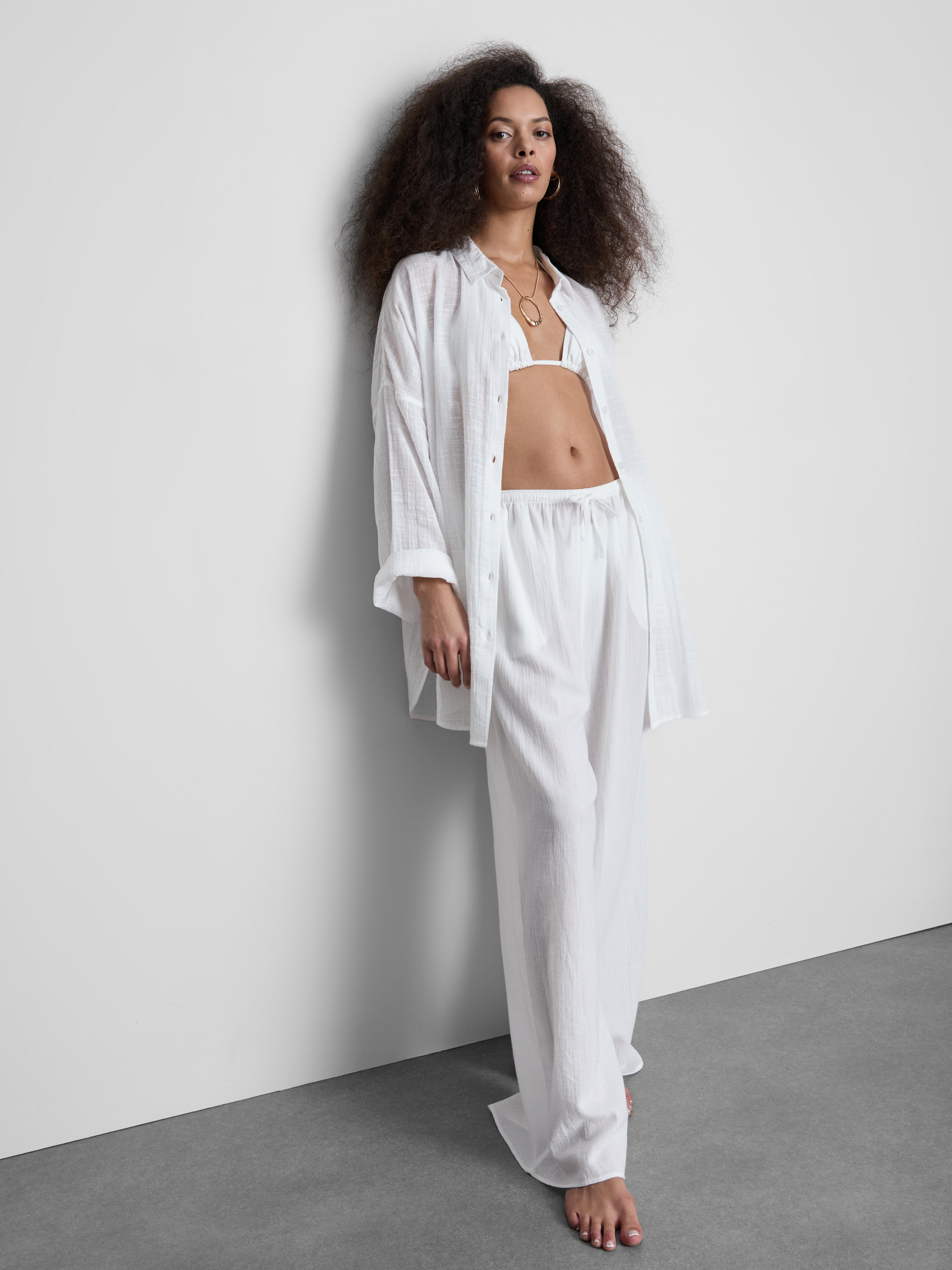 Calças praia algodão c/ cordão perna larga - Branco - Mulher | Primark