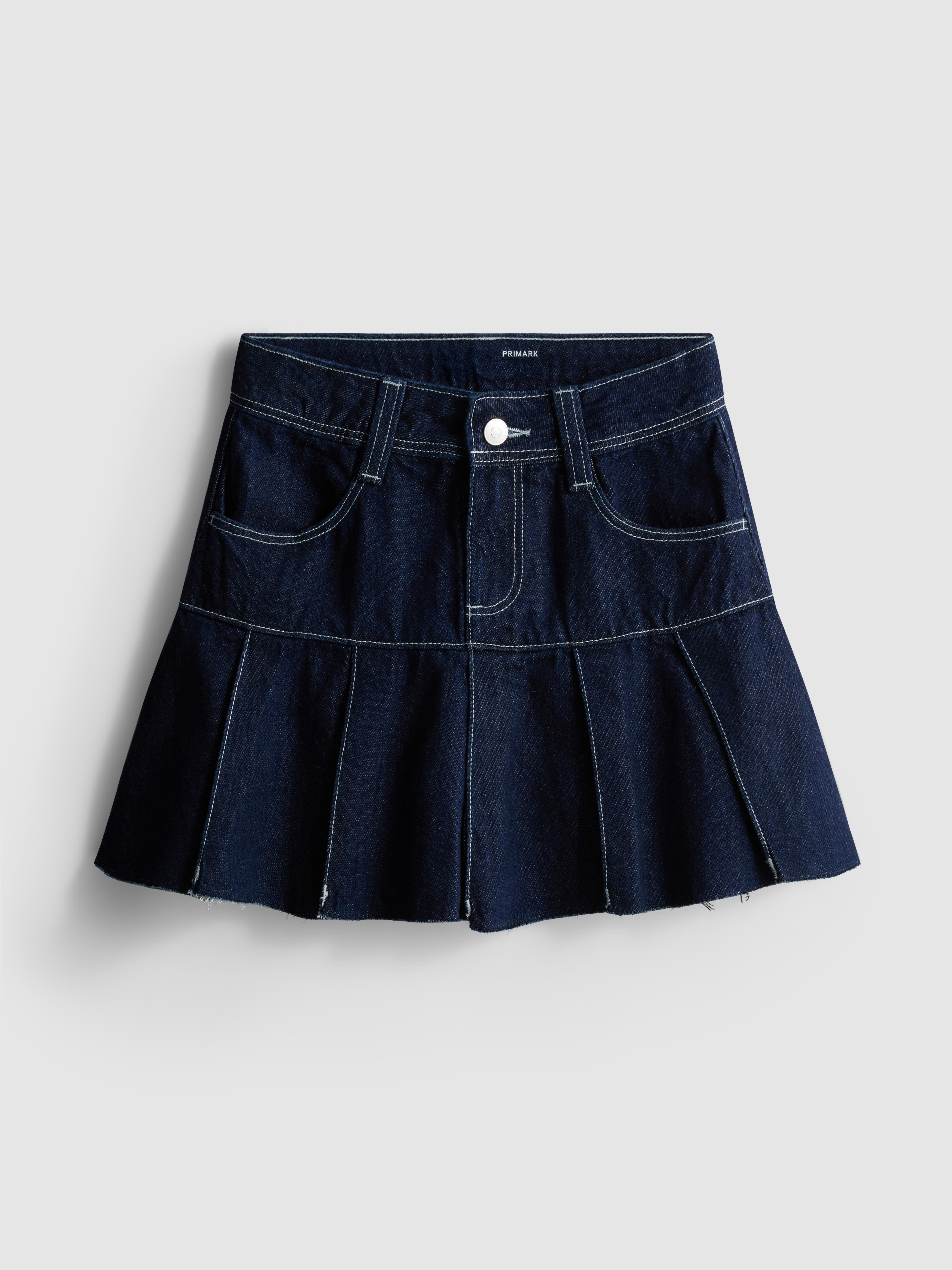 Girls Dark Blue 7-15yrs | Pleated Contrast-Stitch Denim Skirt | Primark